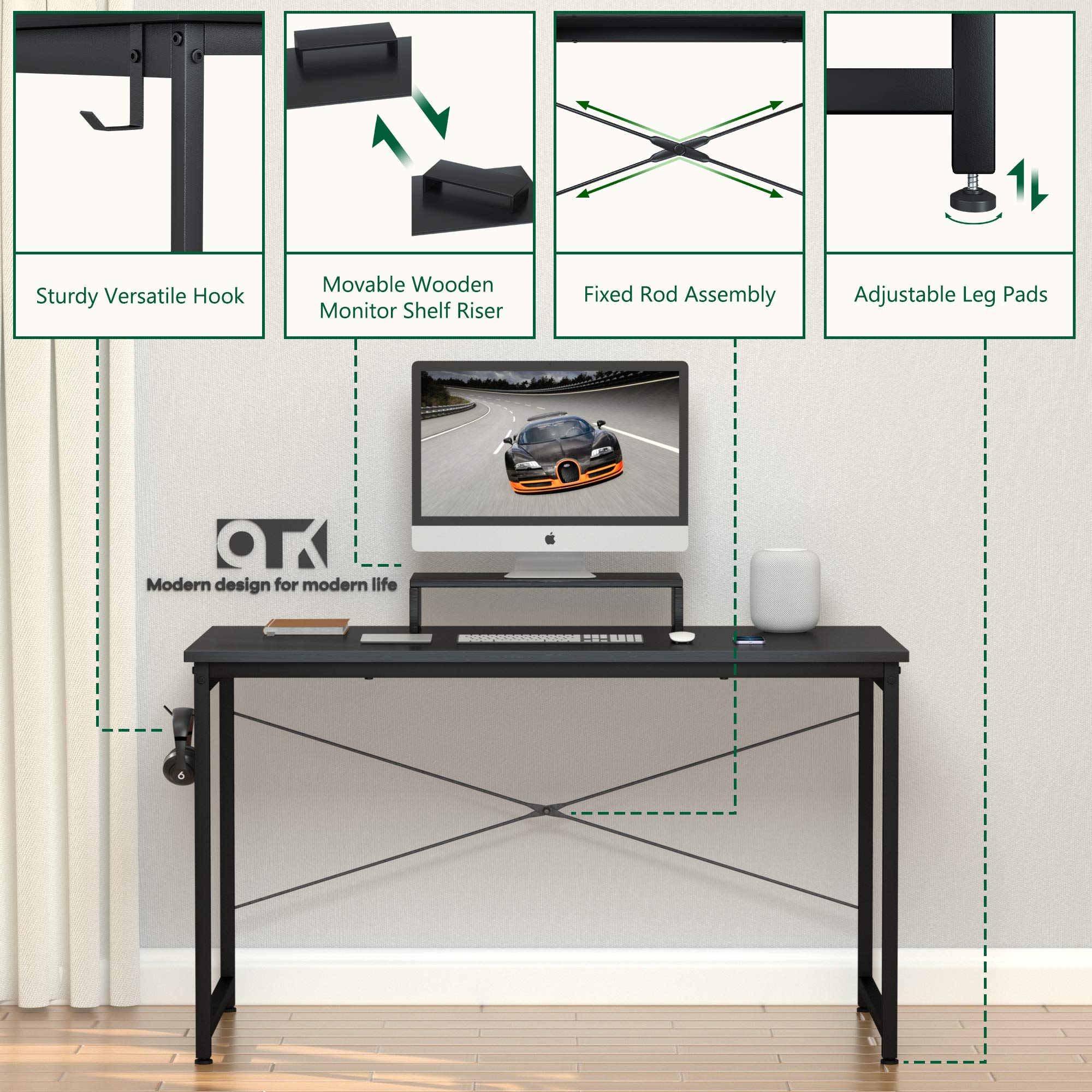 OTK Computer Desk 55" with Movable Monitor Shelf Riser, Sturdy Home Office Desk, Writing Desk, Gaming Desk with Headphone Hook, Computer Work Station, Work Table, Black