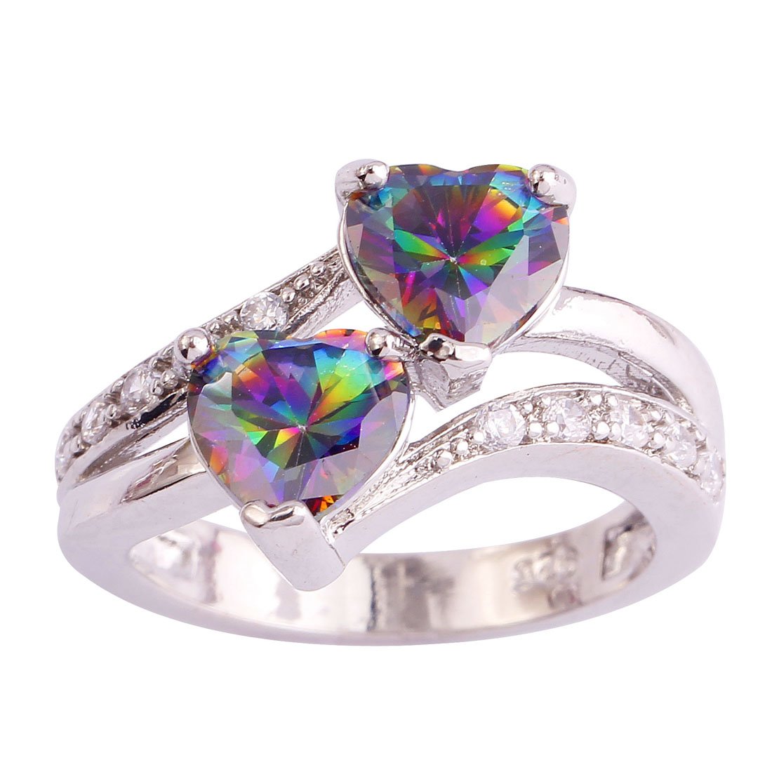 Narica Silver Plated 7x7mm Double Heart Cut Created Rainbow Topaz Cubic Zirconia Filled Halo Wedding Engagement Band Elegant Women's Ring for Mom Bridal Lover Gift 8#