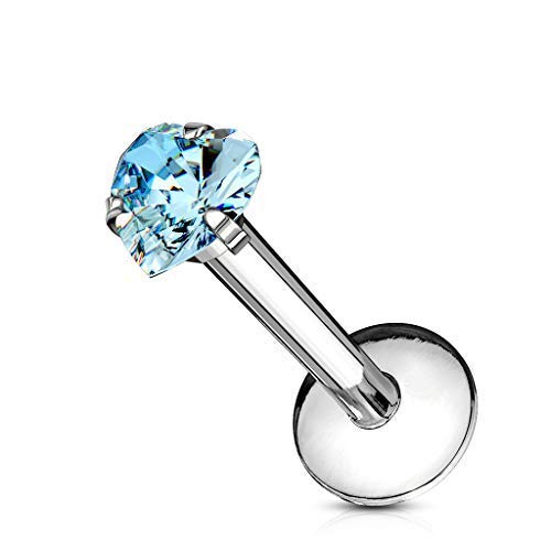 MoBody 16G Heart Cubic Zirconia Labret Piercing Stud 16G Clear CZ Internally Threaded Monroe Lip Ring Helix Earring (8mm (5/16") Aqua CZ)