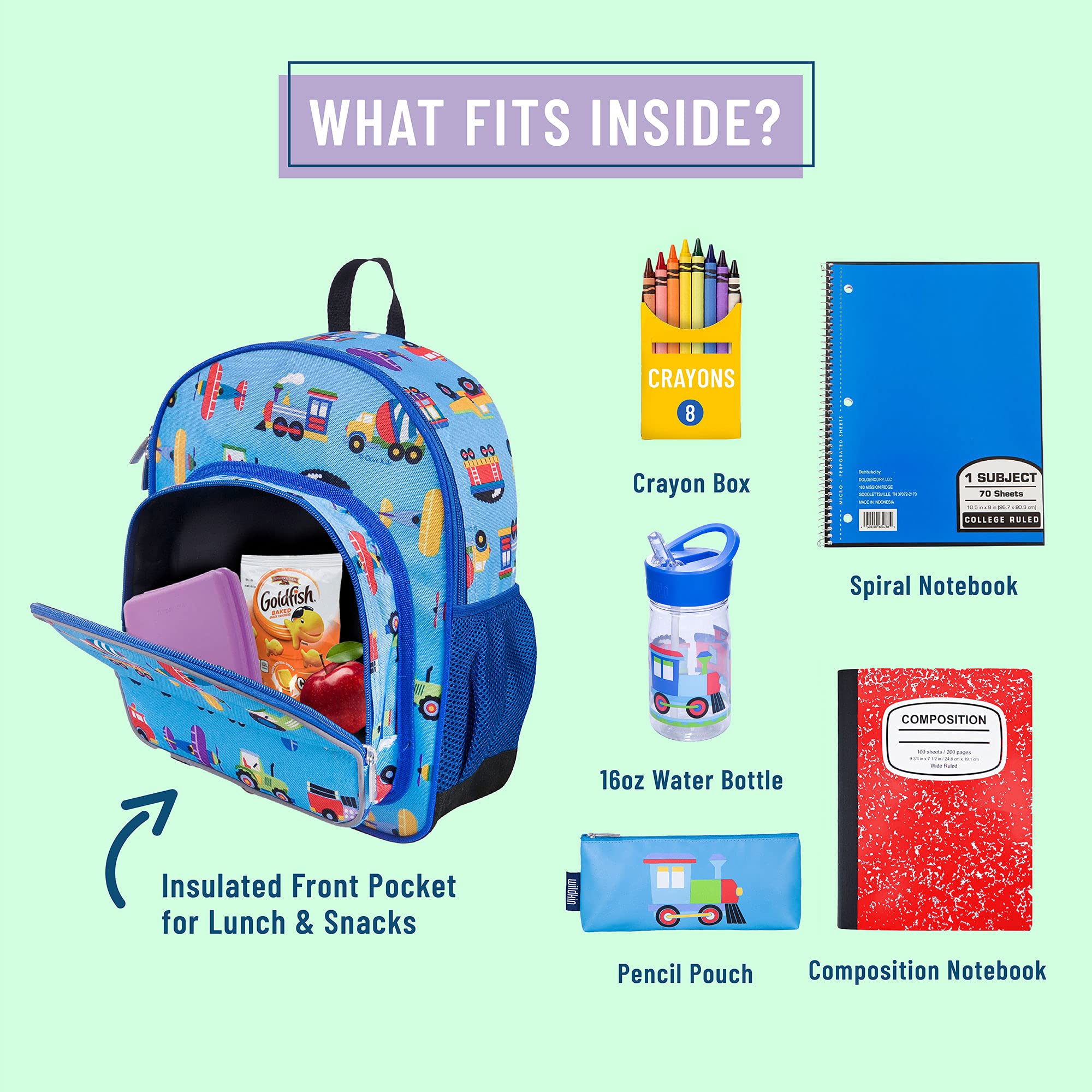 Wildkin 12 Inch Backpack and Lunch Bag Bundle with 14 Ounce Steel Water Bottle (Trains, Planes & Trucks)