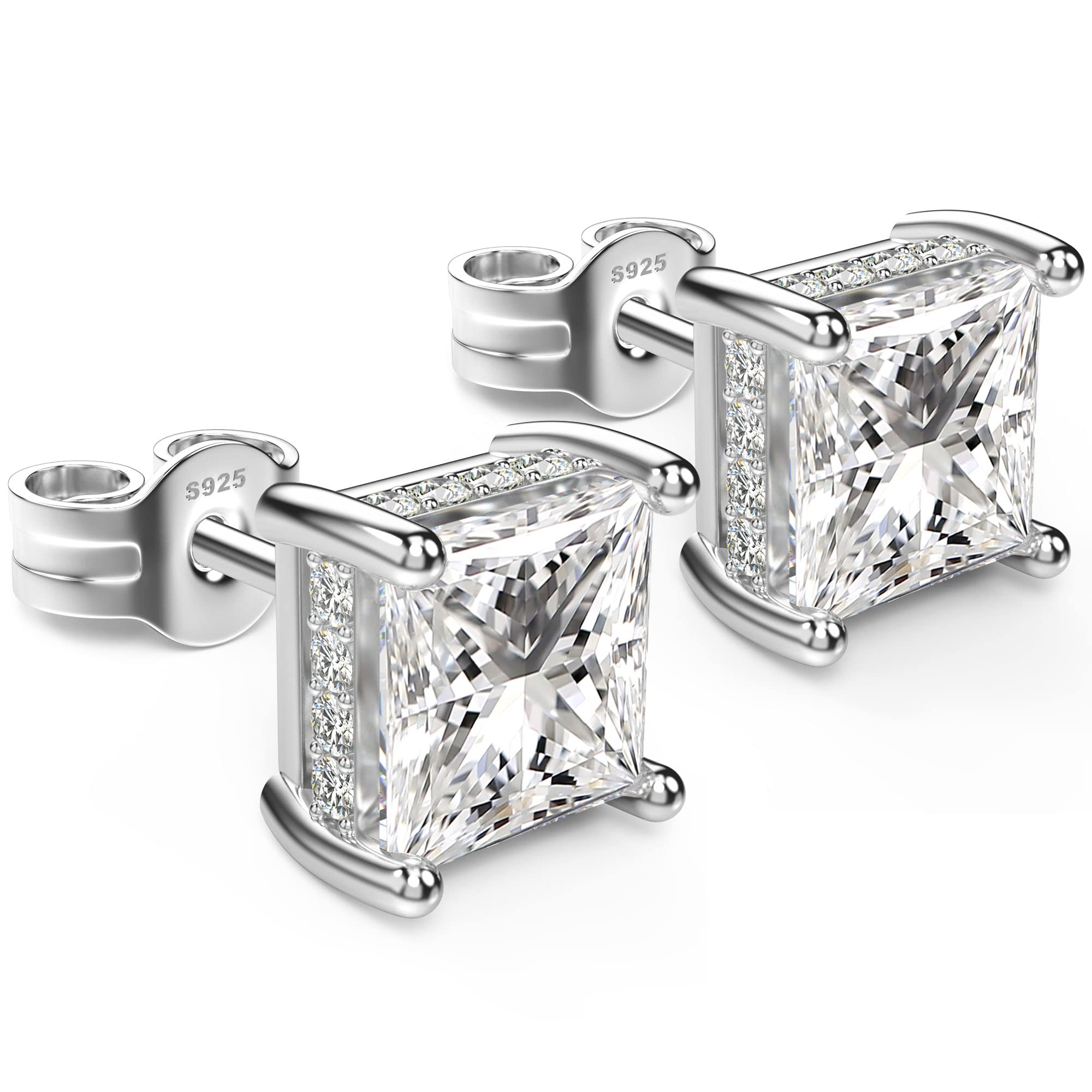 UNFAAR 18K White Gold Plated Sterling Silver Princess Cut Cubic Zirconia Stud Earrings Square CZ Diamond Stud Earrings for Women Men Hypoallergenic (6MM, Clear)