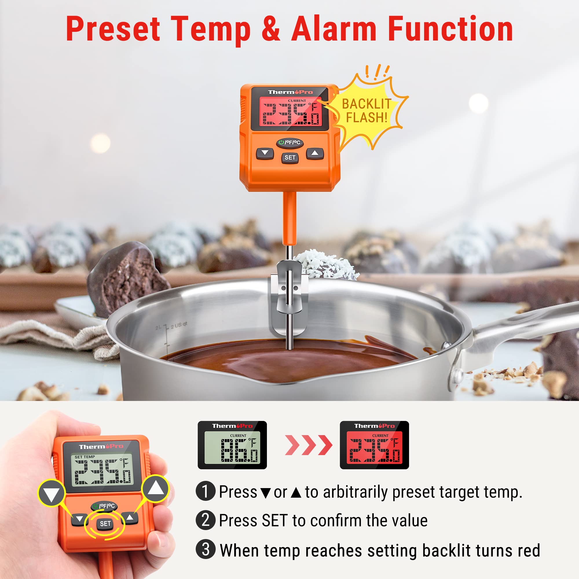 ThermoPro TP511 Digital Candy Thermometer with Pot Clip, Programmable Instant Read Food Meat Thermometer with 8'' Long Probe for Smoker Baking Grilling Candle Liquid Oil Deep Fry Thermometer