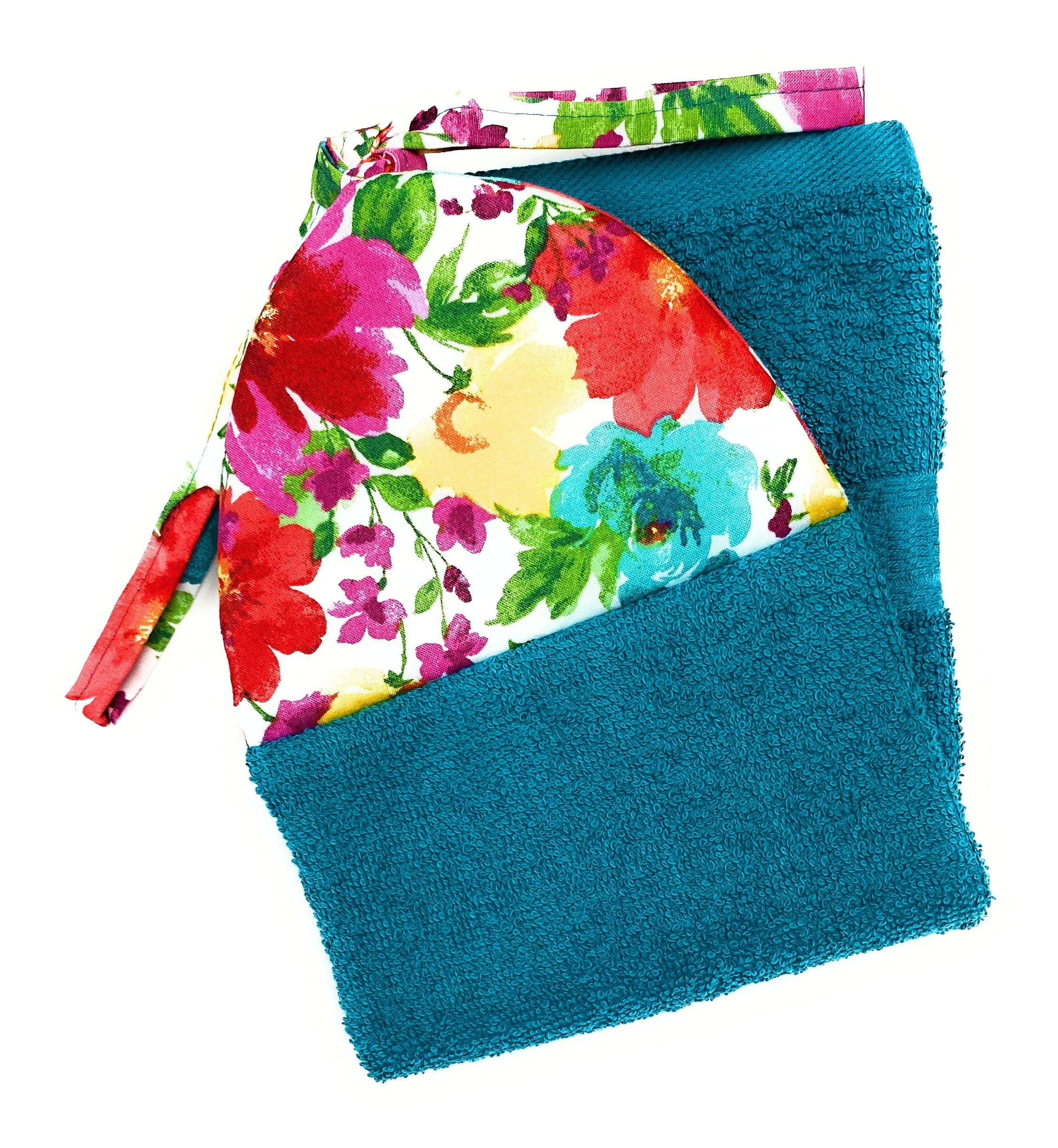 Red Pink Yellow Floral Flowers with Teal Turquoise Green Leaves on White Ties On Stays Put Kitchen Hanging Loop Hand Dish Towel She Who Sews