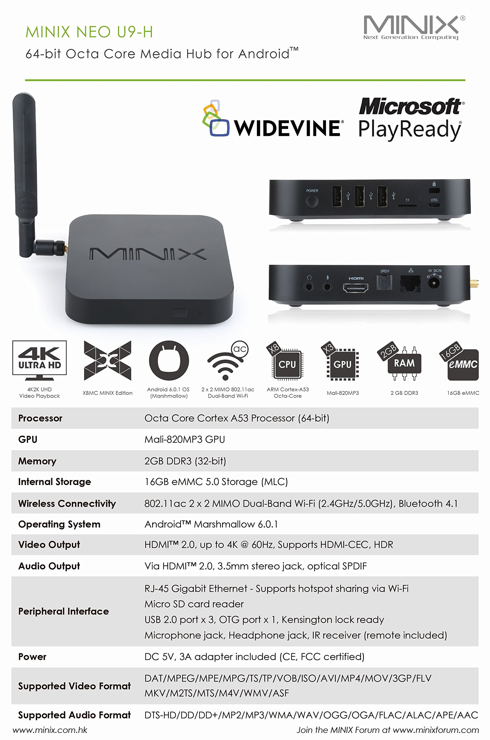 MINIX NEO U9-H Android Media Hub with NEO A3 V2 (Six-Axis Gyroscope Backlit Remote with Voice Input). 64-bit Octa-Core [2GB/16GB/4K/HDR] Android PC Box Ideal for Ultimate Home Theater.