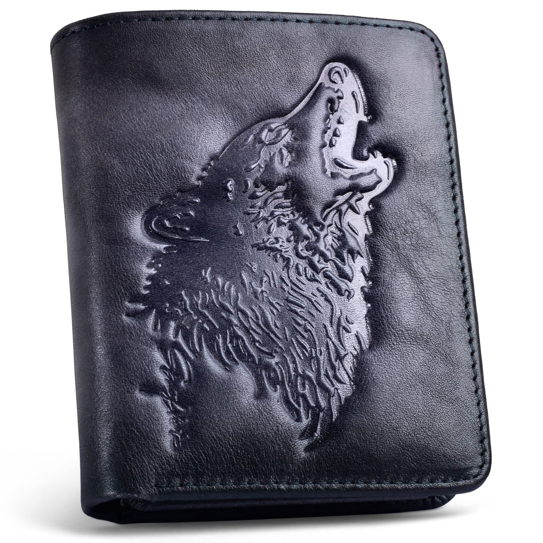 skneephate Wolf Mens Wallets Leather Bifold Wallets For Men,Rfid Blocking,Gift For Him Husband (bluegrey)