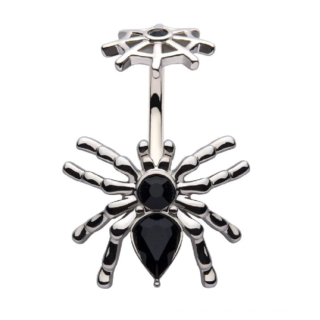 Pierced Owl 14GA Black CZ Crystal Bodied Spider with Fixed Web Top 316L Surgical Stainless Steel Navel Belly Button Ring