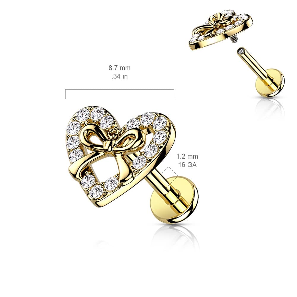 Pierced Owl 16GA 316L Stainless Steel CZ Crystal Paved Heart with Ribbon Center Internally Threaded Flat Back Stud (Rose Gold Tone)