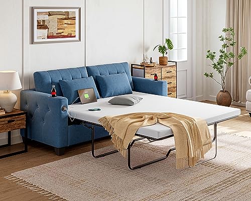 LINSY HOME Pull Out Sofa Bed, Queen Sleeper Sofa Couch with Memory Foam Mattress and Solid Wood Bed Frame, Covers Removable and Washable, Pullout Couch for Home Office, Blue, Queen Size