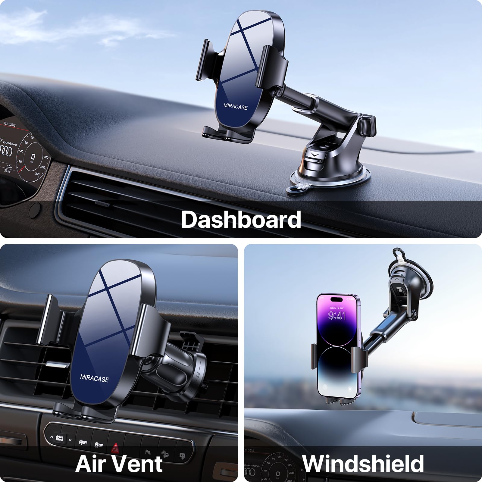 Miracase 3-in-1 Cell Phone Holders for Your Car, Universal Car Phone Holder Mount for Dashboard Air Vent Windshield Compatible with iPhone 15 14 13 12 14 Pro Max Xs XR X, Galaxy Blue