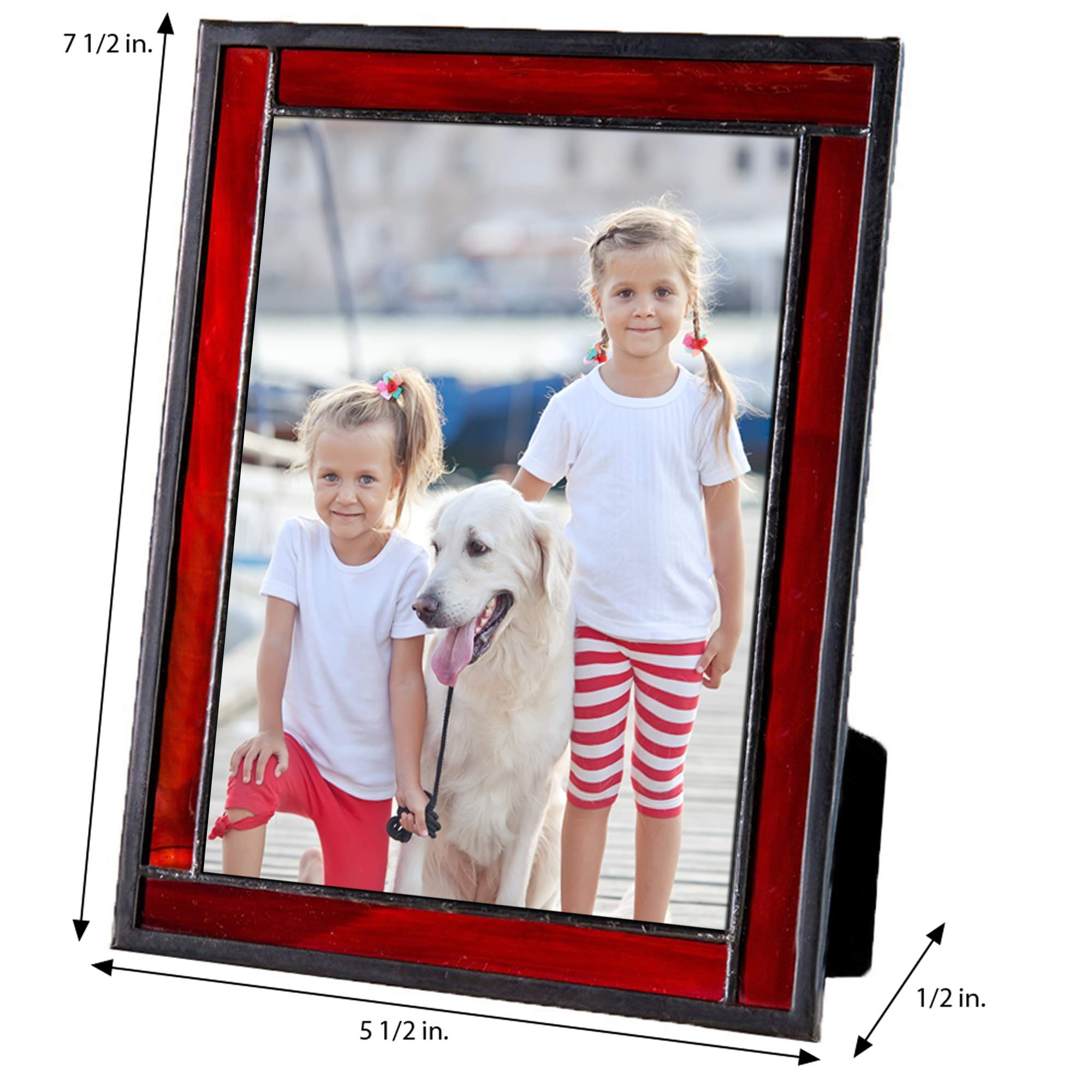 Red Stained Glass Picture Frame for Home Décor, Office, Desk, Table Top 4x6 Photo Horizontal Vertical Easel Back Series J Devlin