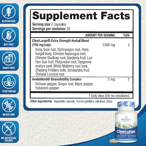 RidgeCrest Herbals ClearLungs Extra Strength, Daily Health Supplement, Natural Lung and Nasal Wellness Formula for Bronchial, Respiratory, Immune, Sinus, and Mucus Support (60 Vegan Caps, 30 Serv)
