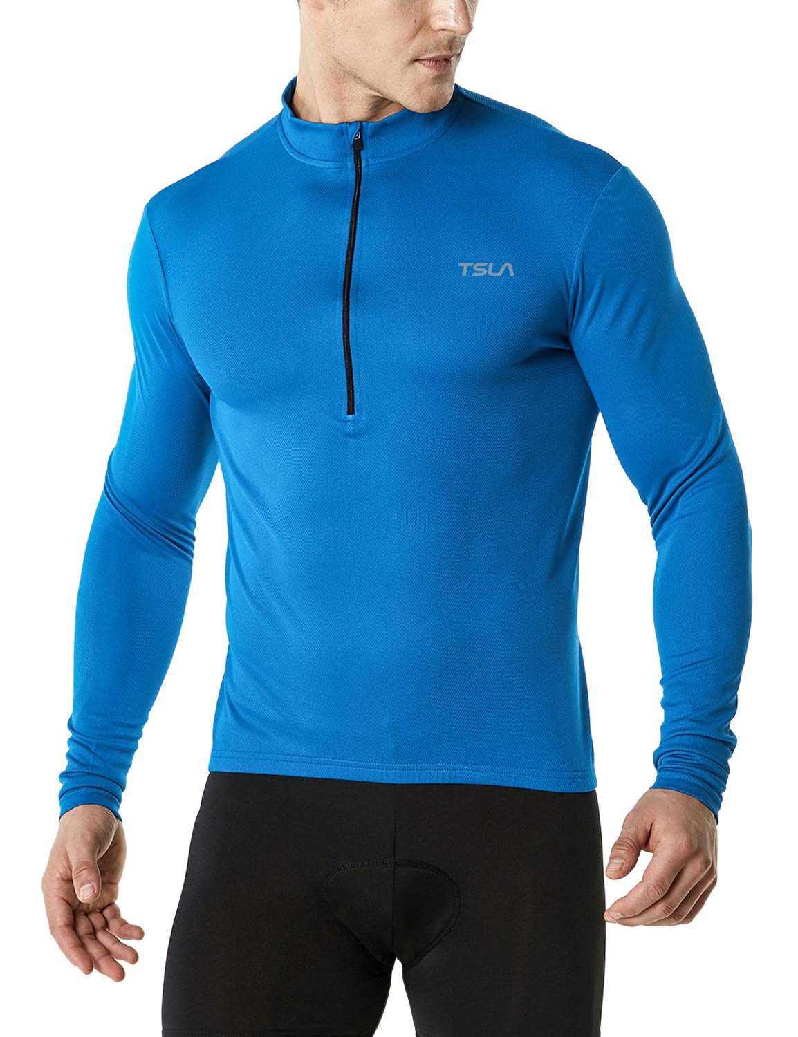 TSLA Men's Long Sleeve Bike Cycling Jersey, Quick Dry Breathable Reflective Biking Shirts with 3 Rear Pockets, Cycle Long Sleeve Sky Blue, Medium