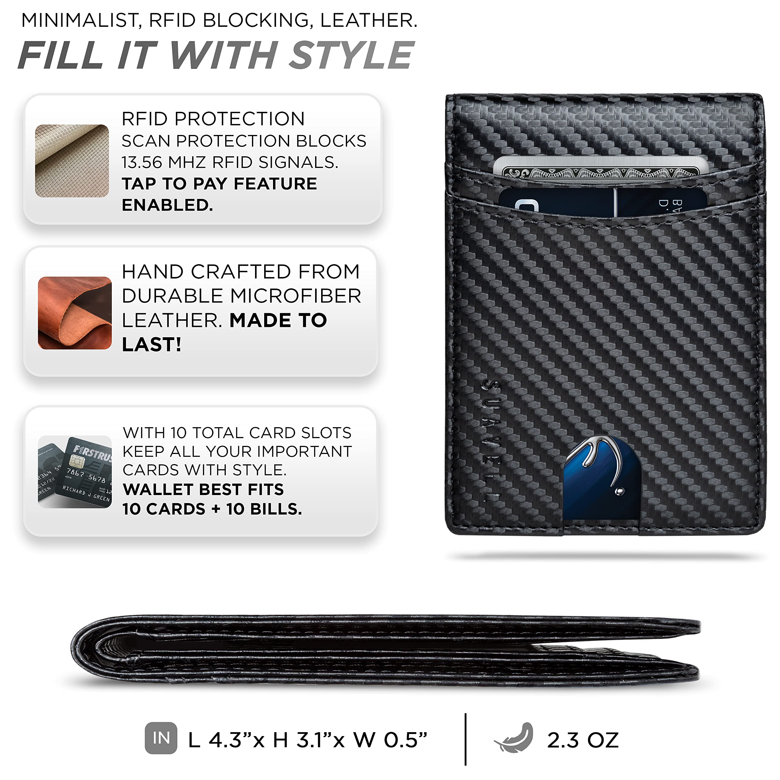 Suavell Mens Bifold Wallet RFID Card Holder Leather Wallet. Slim Wallet For Men Compact Front Pocket Wallet For 12 Cards (Captain Black Advisor)