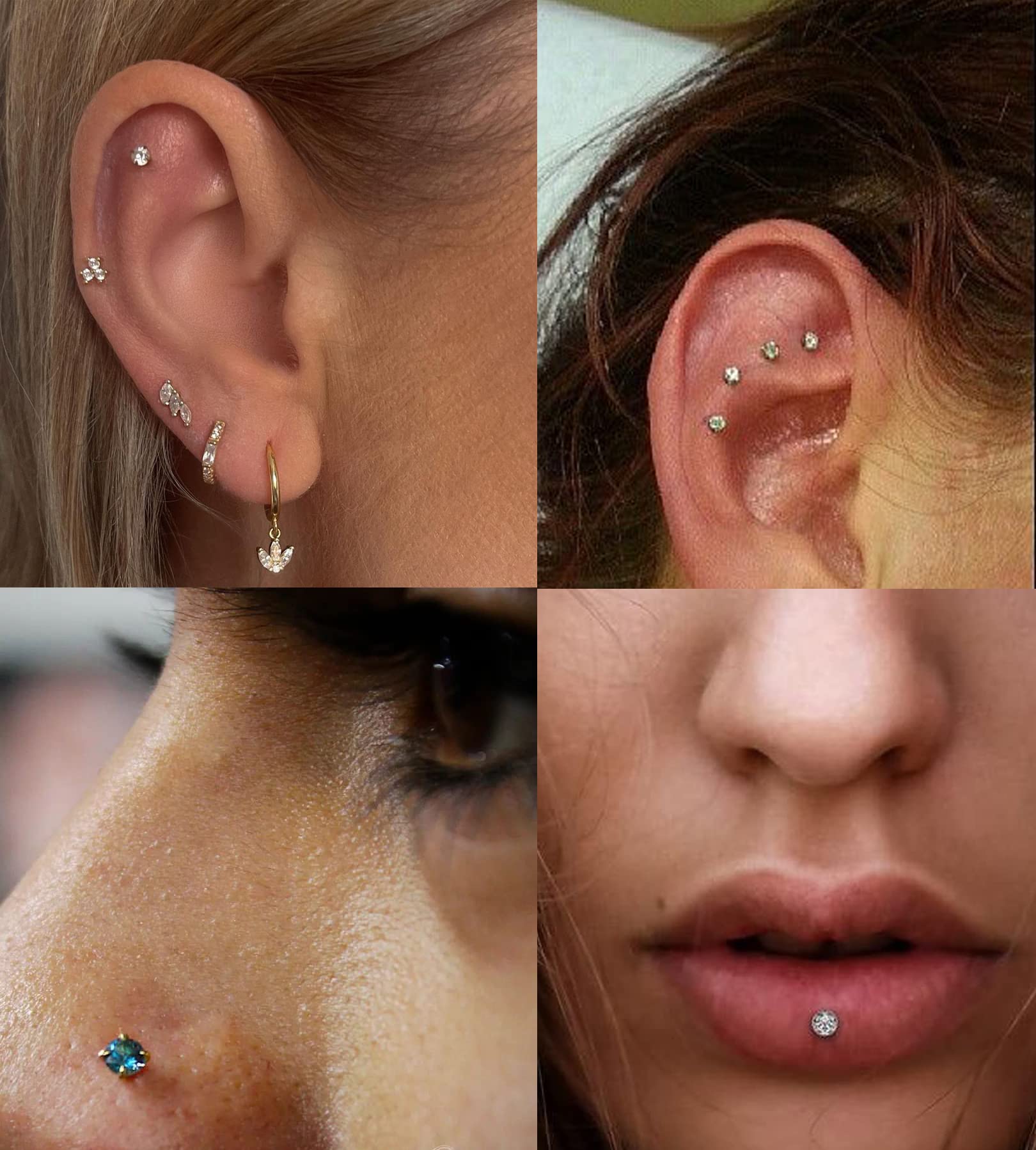 REVOLIA 16 Pcs Stainless Steel 18G Threadless Push in Nose Rings Studs Lip Rings Tragus Earrings Cartilage Stud Helix Labret Monroe Piercing Jewelry