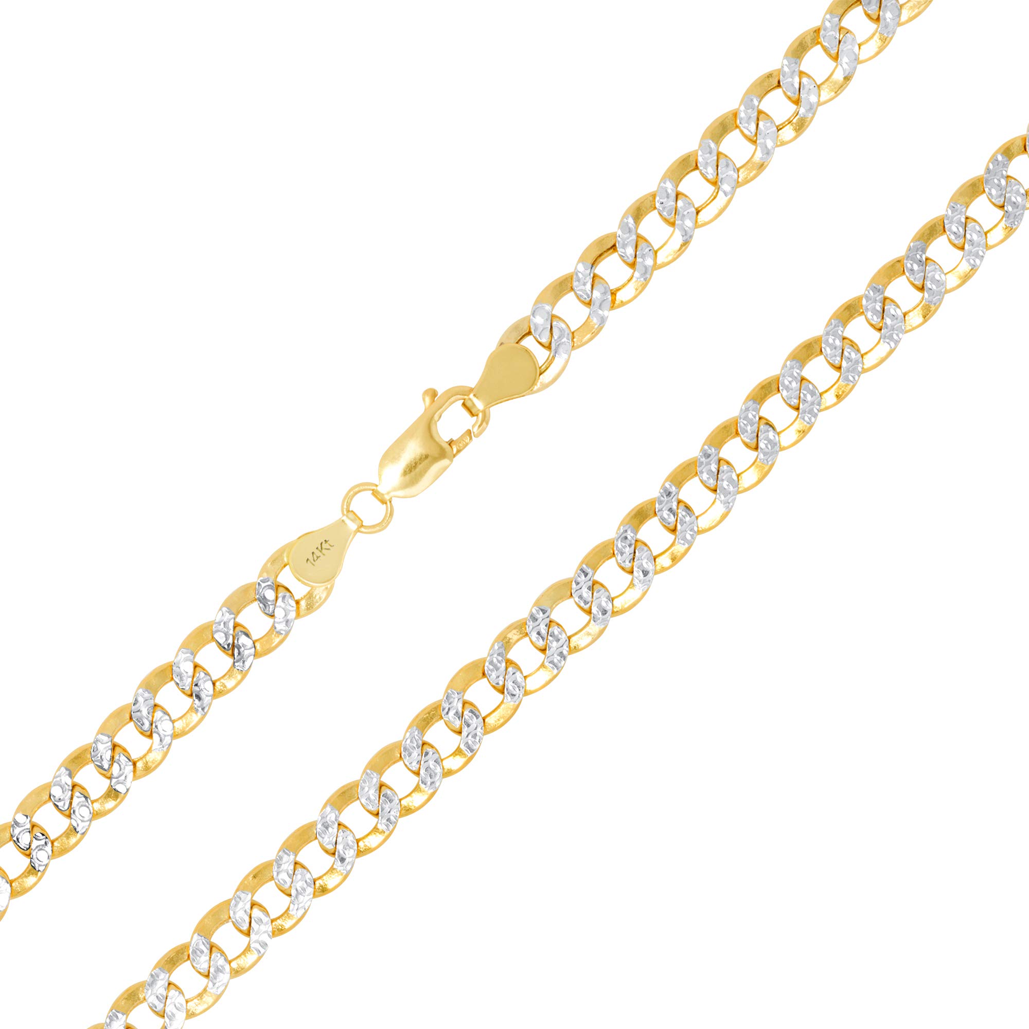Nuragold 14k Yellow Gold 7mm Cuban Chain Curb Link Diamond Cut Pave Two Tone Bracelet, Mens Womens Jewelry 7" 7.5" 8" 8.5" 9"