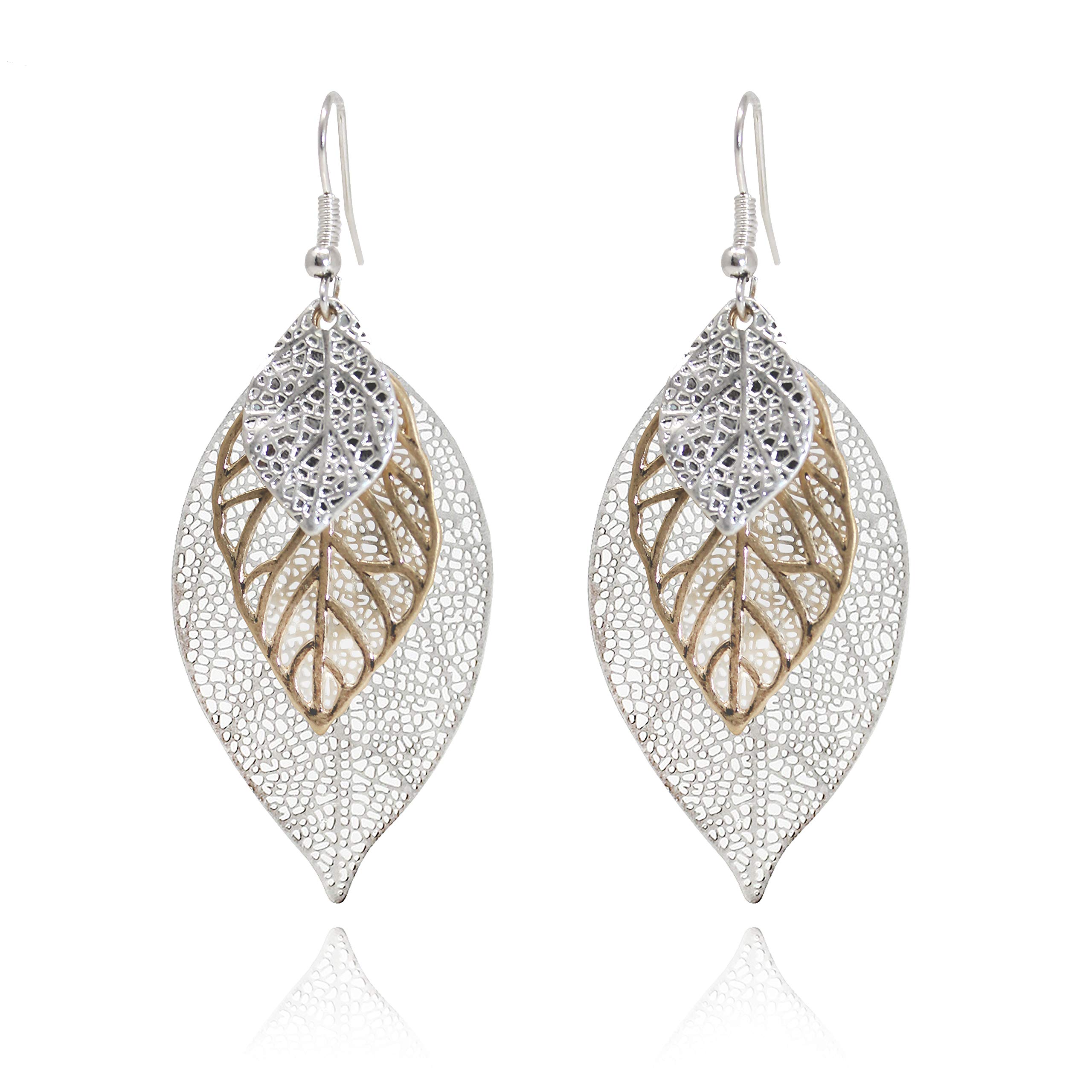 Pomina Choco Gold Fashion Fall Leaf Boho Earrings Gold Silver Two Tone Filigree Leaf Dangle Drop Earrings for Women (ChocoGold_Earrings)
