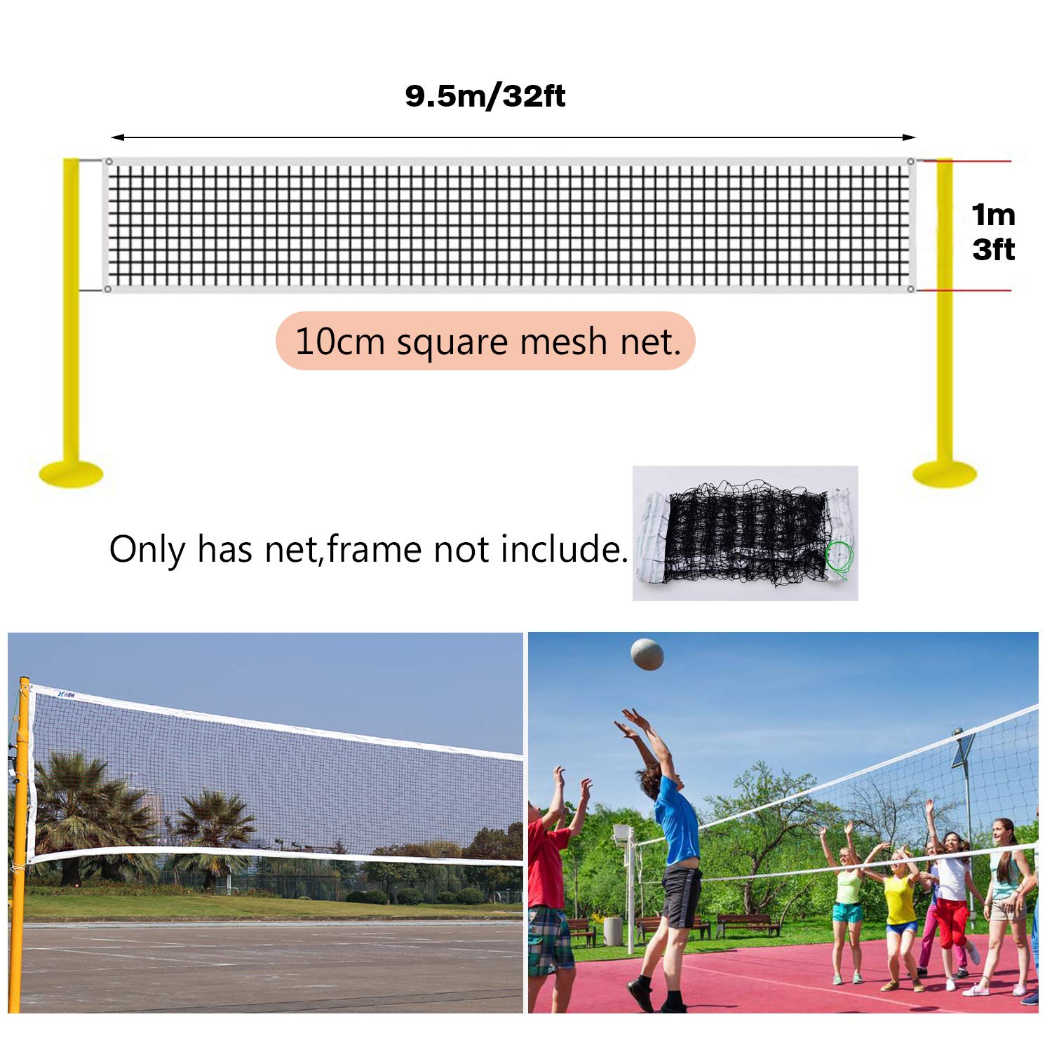 PlasMaller Volleyball Net (32 x 3 FT) Professional Sports Competition Replacement Nets for Backyard Schoolyard Garden Beach Swimming Pool (Net Only)
