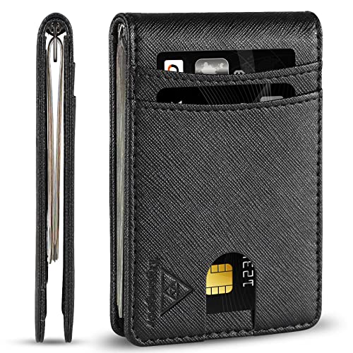 Tryangoos Slim Minimalist RFID Blocking Bifold Genuine Leather Wallet for men, Magnetic Closure Front Pocket Mens Wallet, Leather Front Pocket thin Men's Wallet (Carbon Black-TABC)