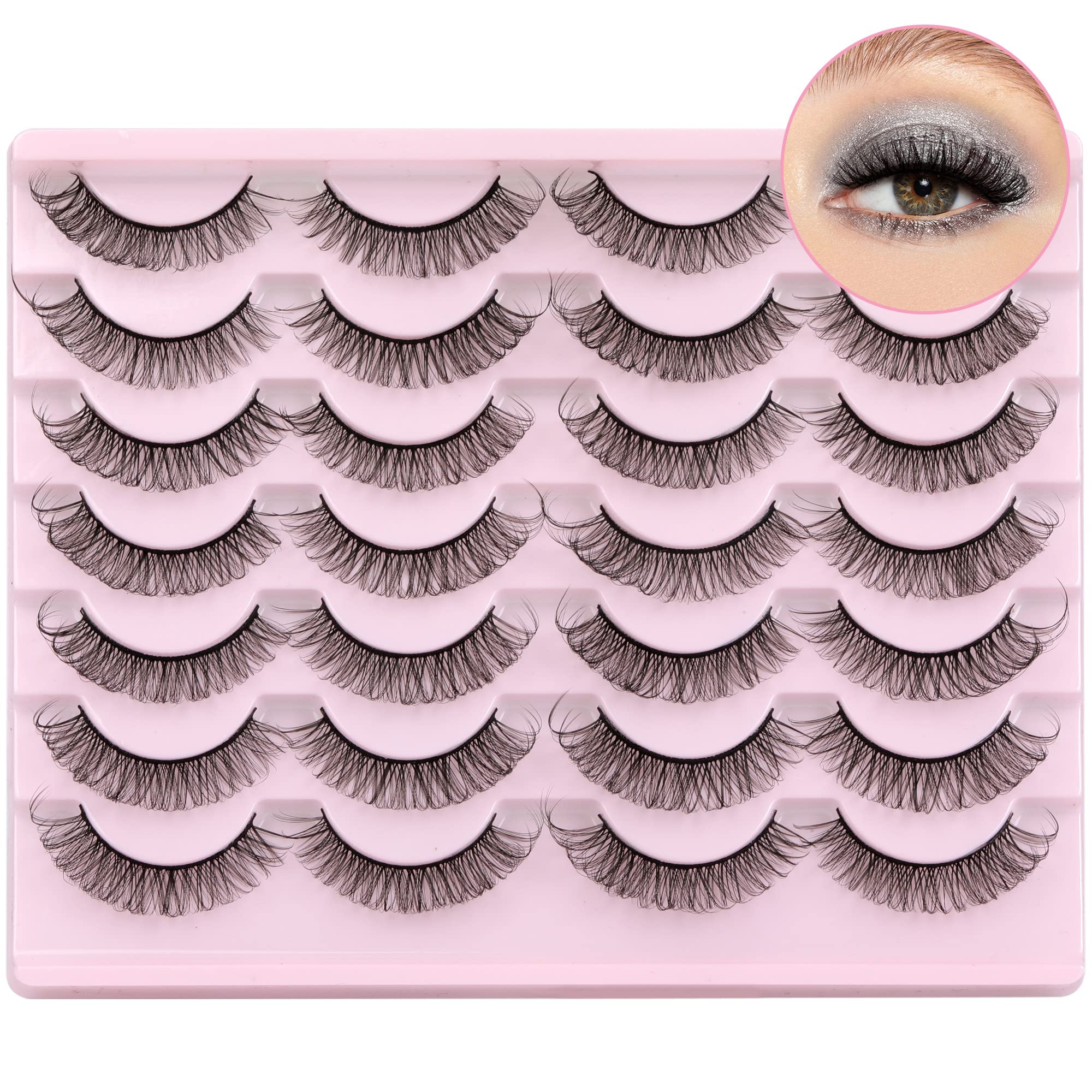 Newcally Russian Strip Lashes Mink Wispy Natural Look False Eyelashes Pack Manga Lashes D Curl Fluffy Volume Faux Mink Lashes Cat Eye Lashes Look Like Lashes Extension 14 Pairs