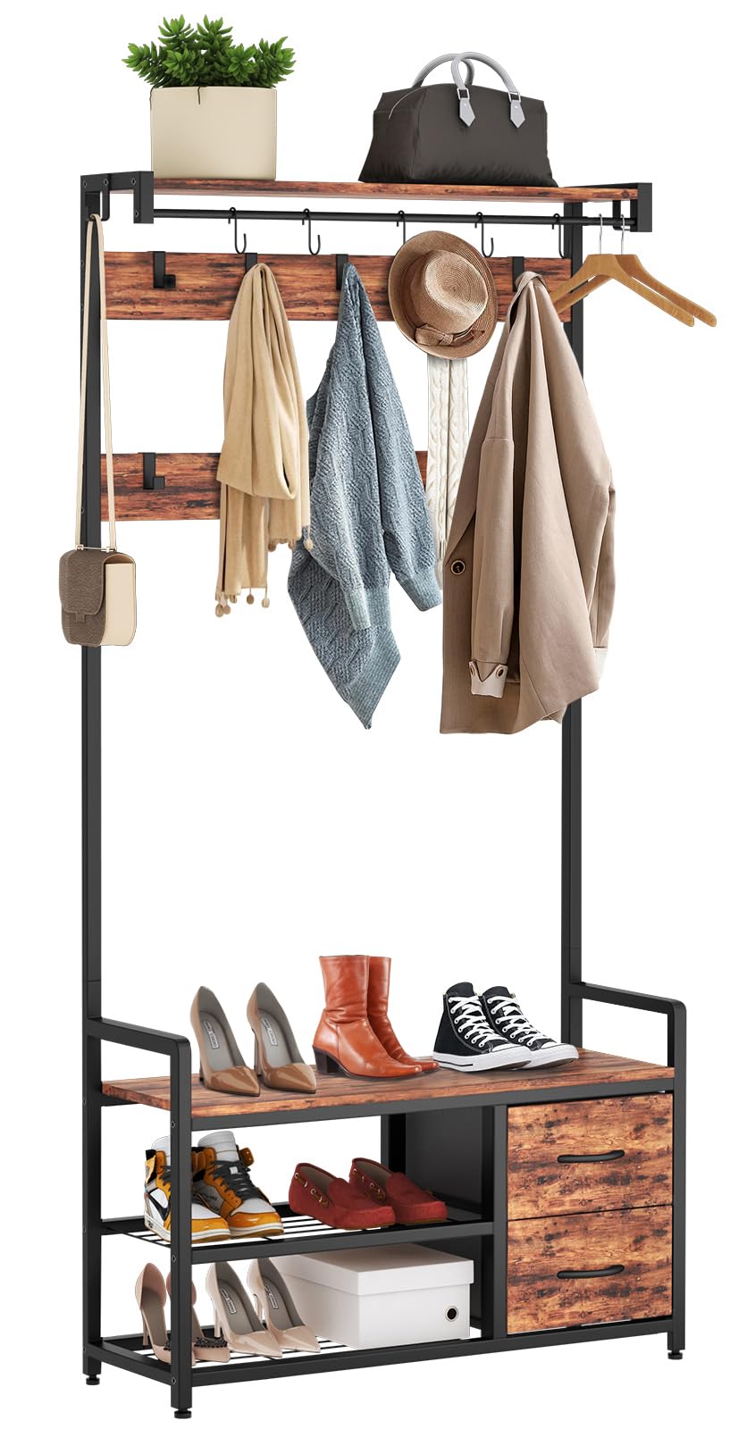 ZERDER Coat Rack, Hall Tree with Shoe Bench for Entryway, Entryway Bench with Coat Rack, 3-Tier Shelves, 1 Hanging Rod and 8 Hooks,
