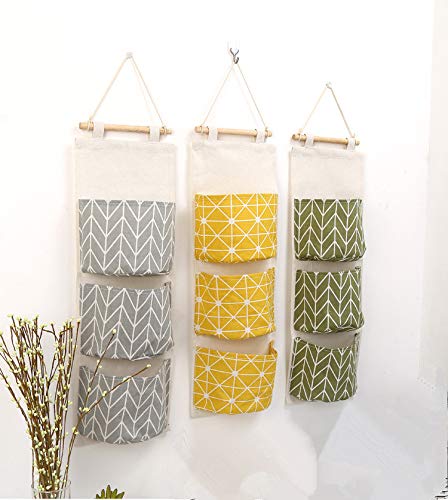 Over The Door Magzine Storage Pockets, Cotton and Linen Waterproof Closet Storage Hanging Bag Organizer (3-Pocket, Grey)
