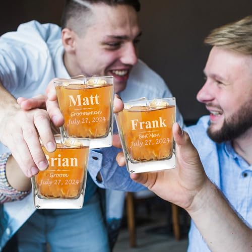 Set of 1, 4, 5 and More Custom Personalized Whiskey Rocks Glasses for Bachelor Party - Engraved Square Rocks Glass Gifts for Groom, Groomsman - 3-Lines Style (6)