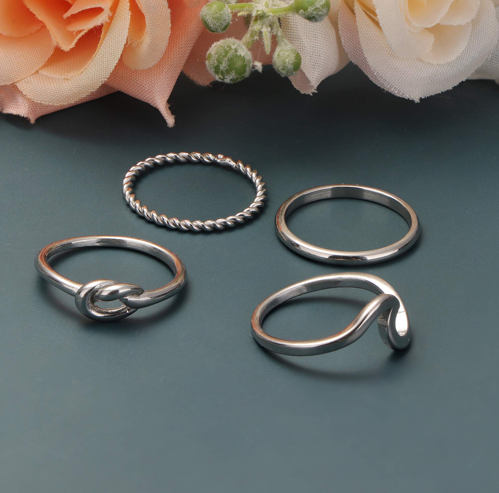 ORAZIO 4 Pcs Silver Wave Rings for Women Twist Knot Band Stackable Rings Stainless Steel Simple Thumb Cute Rose Gold Rings Set
