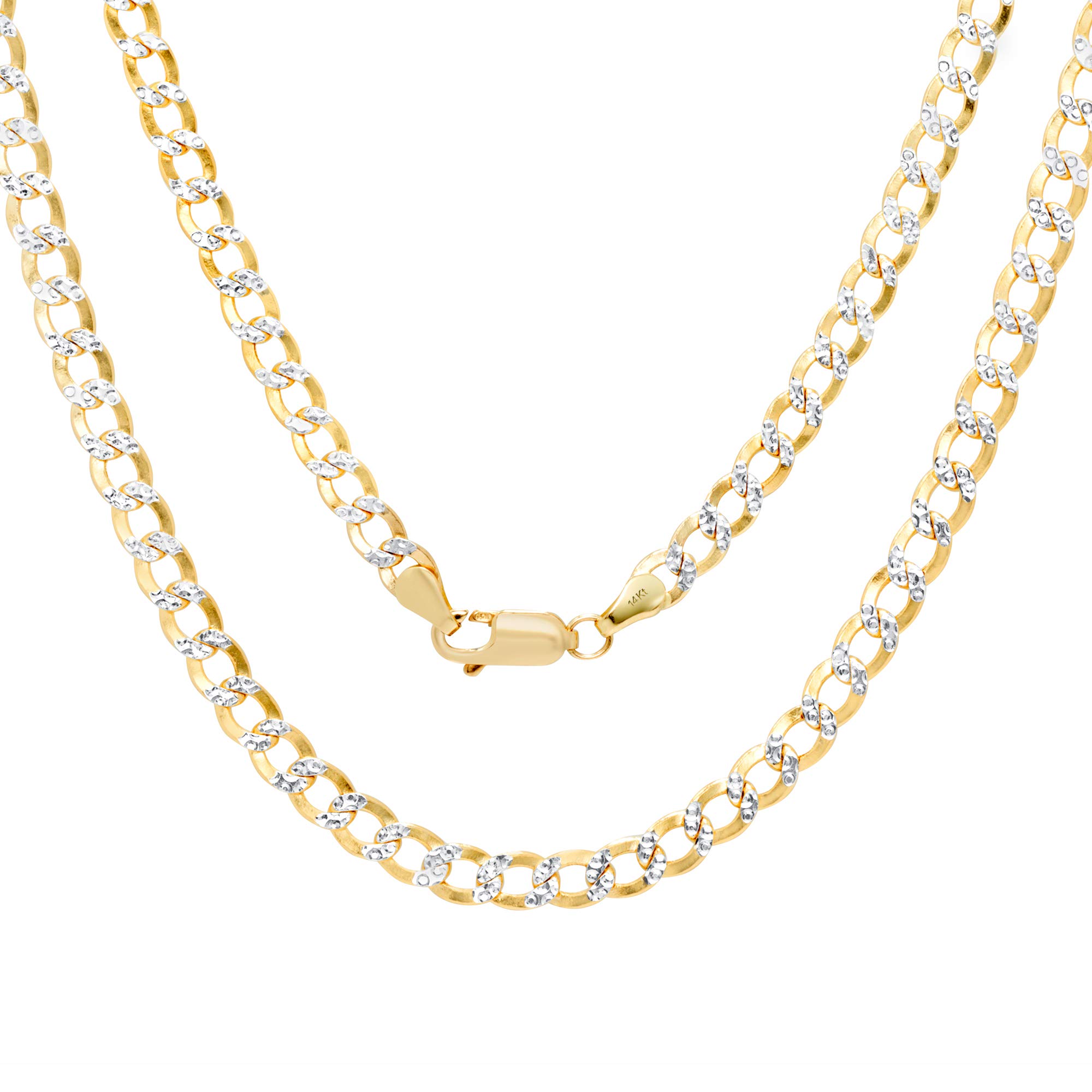 Nuragold 14k Yellow Gold 4.5mm Cuban Chain Curb Link Diamond Cut Pave Two Tone Pendant Necklace, Mens Womens Jewelry 16" 18" 20" 22" 24" 26"