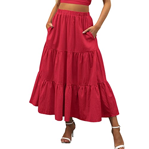 Tenworld Trendy Elastic Swing with Pockets Women's Boho Summer A Line Tiered Beach Pleated Flowy Dress Long Waist Skirt