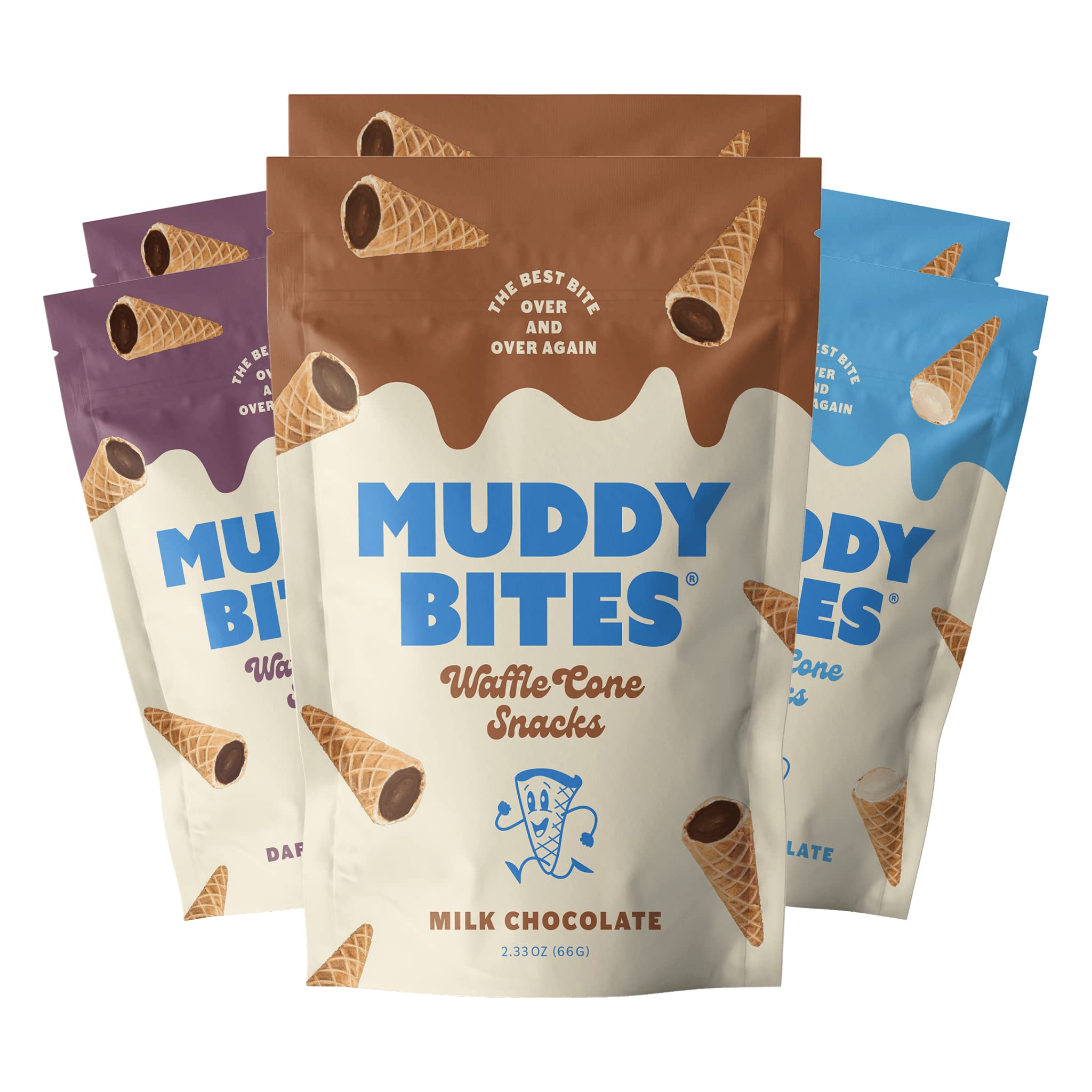 Muddy Bites Waffle Cone Snacks Bite Sized Chocolate Filled Waffle Cones for Snack or Dessert, Ice Cream Topping, Premium Chocolate made with Pure Cane Sugar, Non-GMO, Kosher (Variety Pack, 6 Bags)