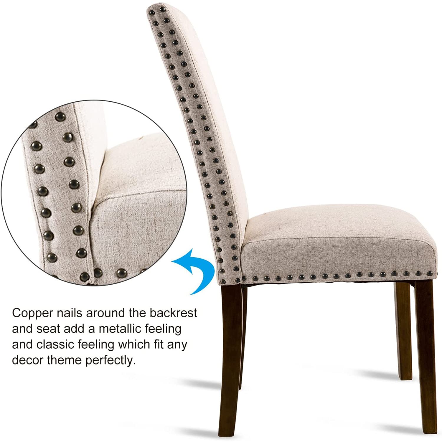 Merax Dining Chairs Set of 2, Dining Room Chairs, Fabric Padded Upholstered Side Chair with Solid Wood Legs & Nailed Trim (Beige+Brown, Set of 2)