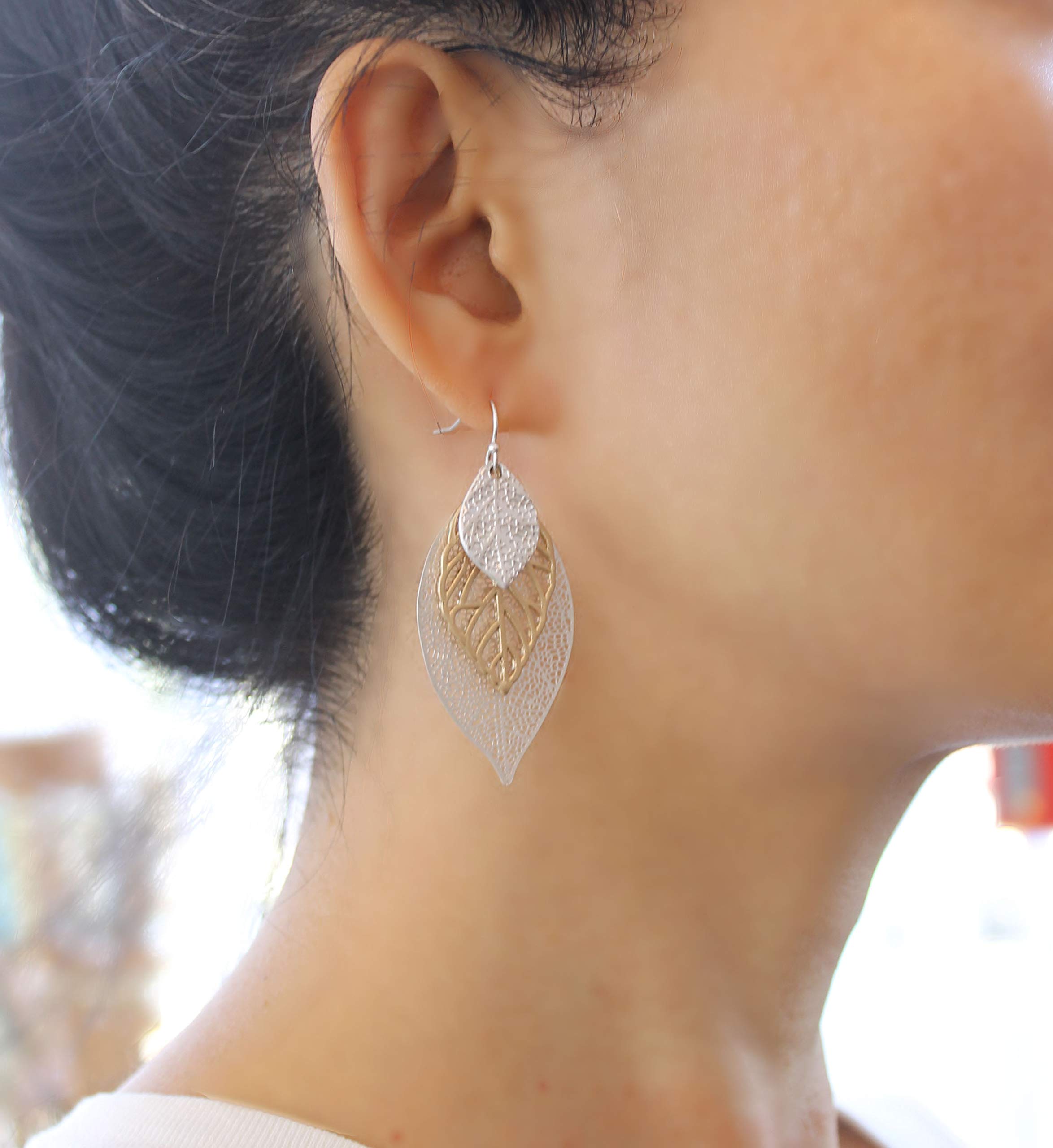 Pomina Choco Gold Fashion Fall Leaf Boho Earrings Gold Silver Two Tone Filigree Leaf Dangle Drop Earrings for Women (ChocoGold_Earrings)