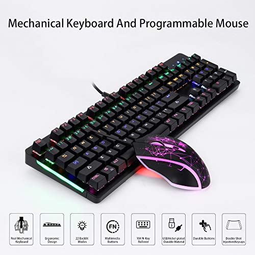 NACODEX Warder Mechanical Gaming Keyboard and Mouse Combo Blue Switch 104 Keys Anti-Ghosting RGB Backlit Floating Keyboard, 3200 DPI 6 Programmable Button Mouse Wired (Blue Switches Black)