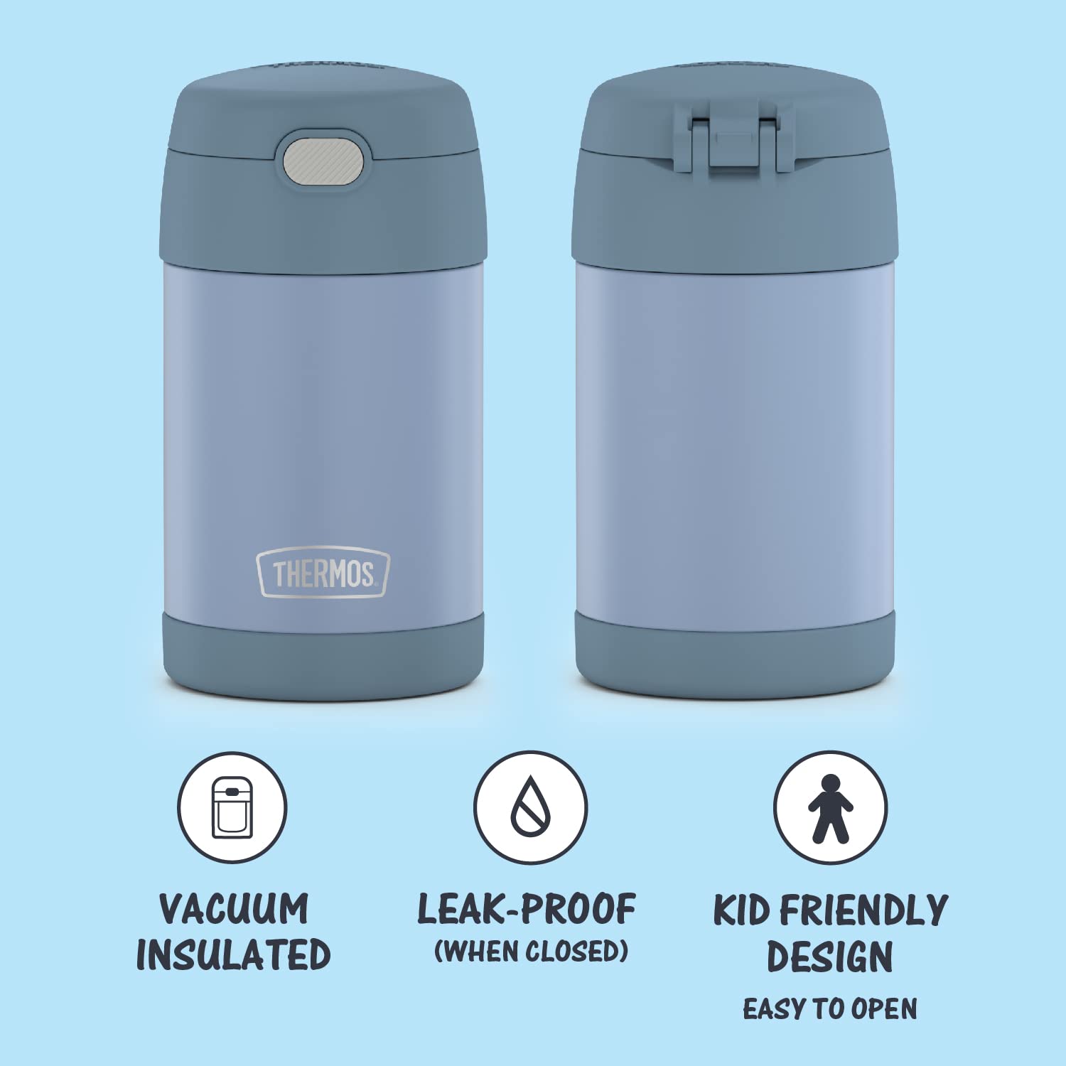 THERMOS FUNTAINER 16 Ounce Stainless Steel Vacuum Insulated Food Jar with Folding Spoon, Denim Blue
