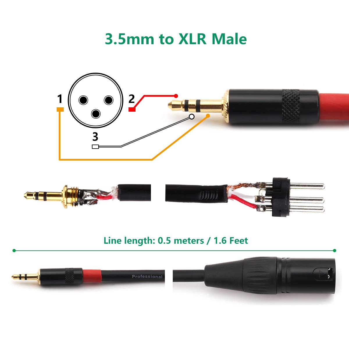 NANYI 3.5mm (1/8 Inch) TRS Stereo Male to XLR Male Interconnect Audio Microphone Cable, Suitable for iPod, Mobile Phone, Active Speakers, Stage, DJ, Studio Audio Console, 0.2M (0.6FT)