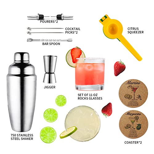 USEEKRIL Margarita Cocktail Kit - Set of Rocks Glasses | Stainless Cocktail Shaker | Jigger|Bar Spoon|Citrus Squeezer | Coasters | Pourers | Cocktail Picks | Accessories to Craft Margaritas at Home!