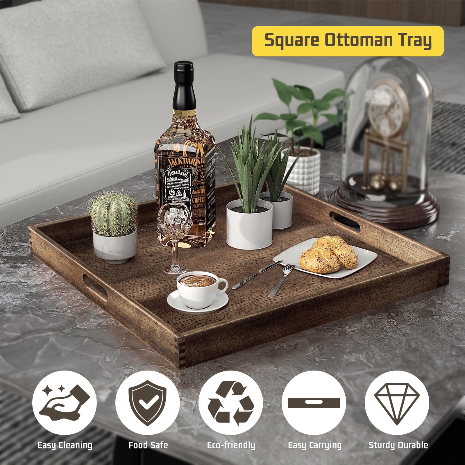 Nunemosk 24”x24” Extra Large Square Black Walnut Wood Ottoman Tray with Handles, Serve Tea, Coffee or Breakfast in Bed, Including 4 Walnut Coasters