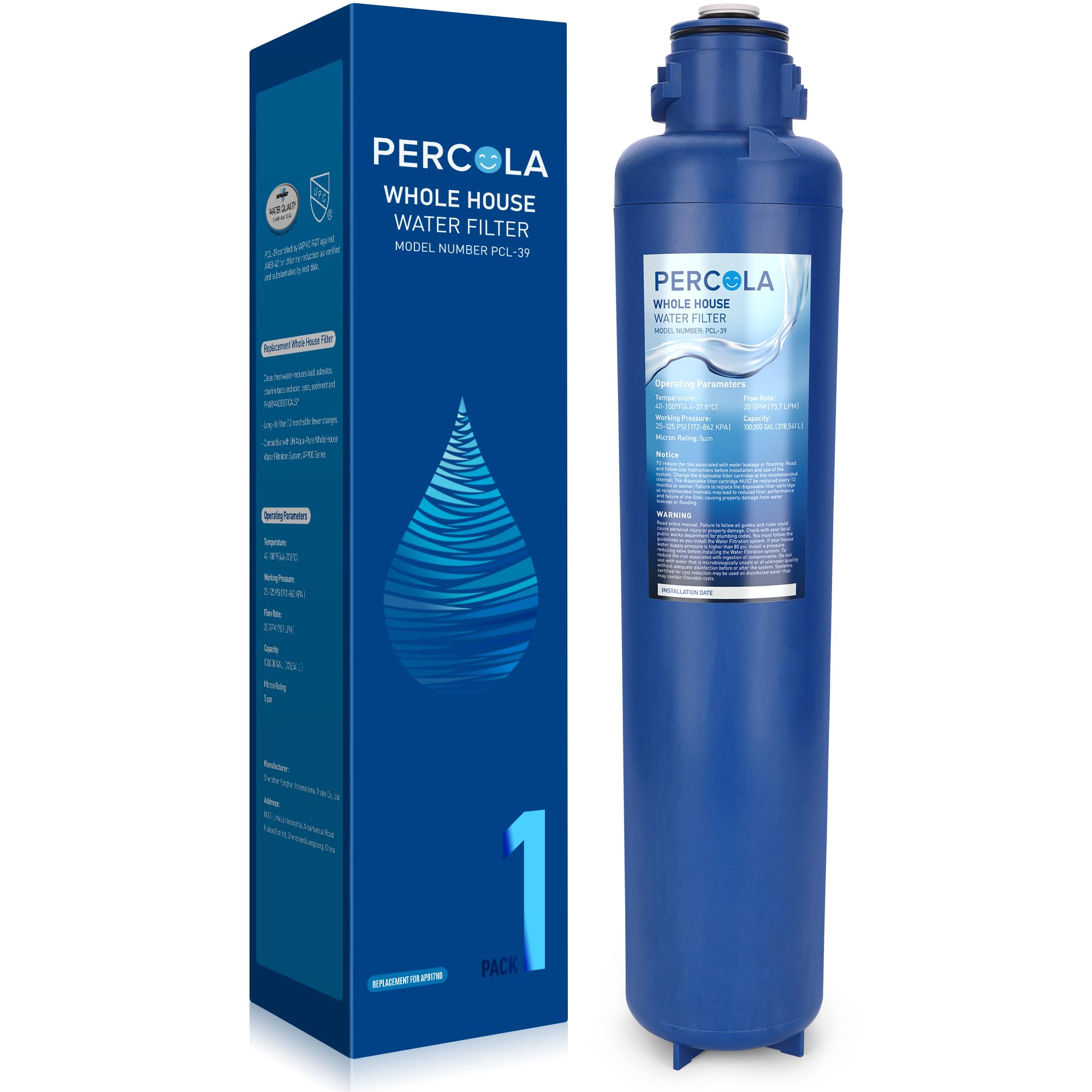 PERCOLA AP917HD Water Filter, Replacement for Aqua-Pure AP917HD Whole House Sediment/CTO Replacement Filter For 3M Aqua-Pure AP903 System 100,000 Gallons (1 Pack)