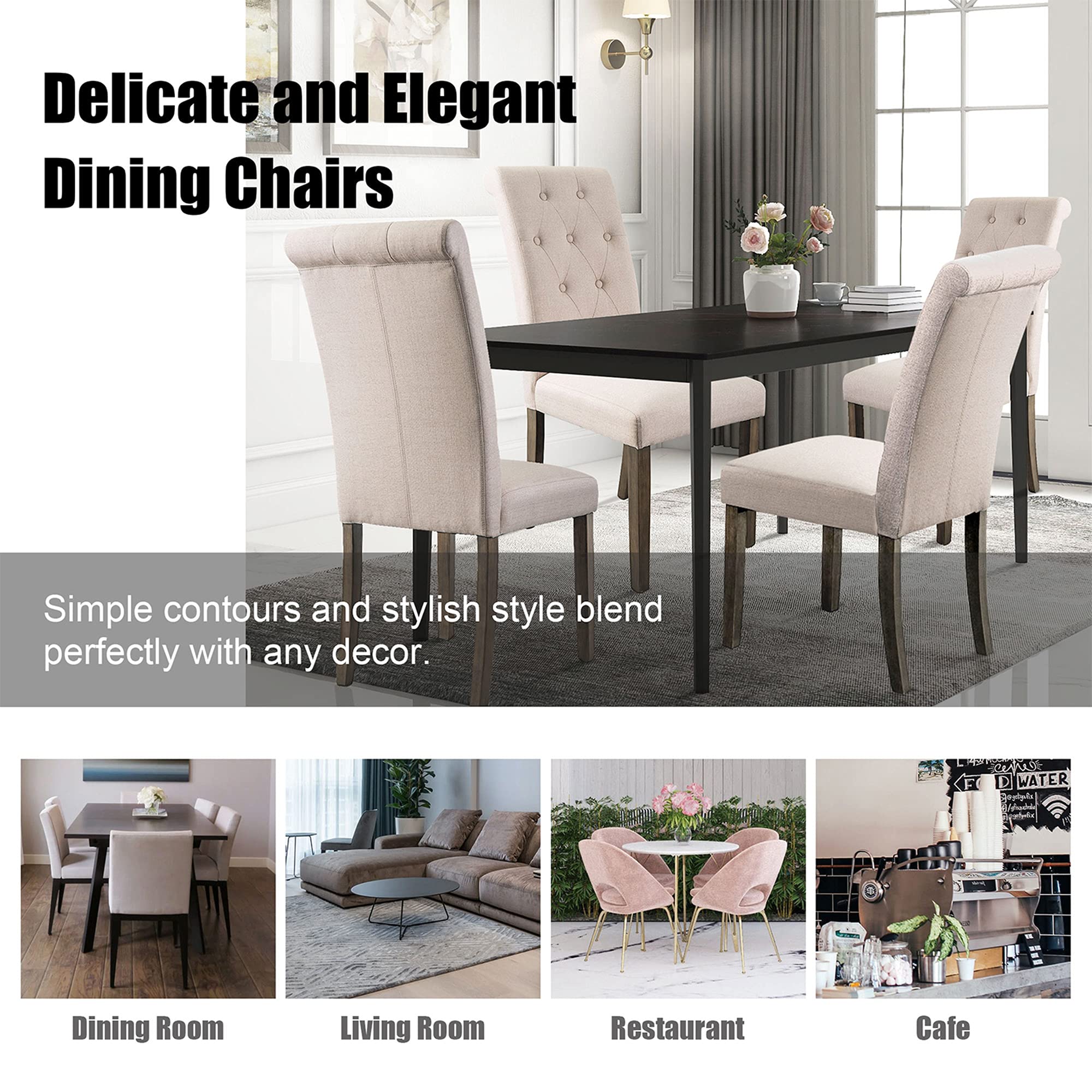 Merax Set of 2 Fabric Dining Chairs, Noble and Elegant Tufted Dining Chair with Solid Wood Legs, Dining Room Set (Beige and Light Brown)