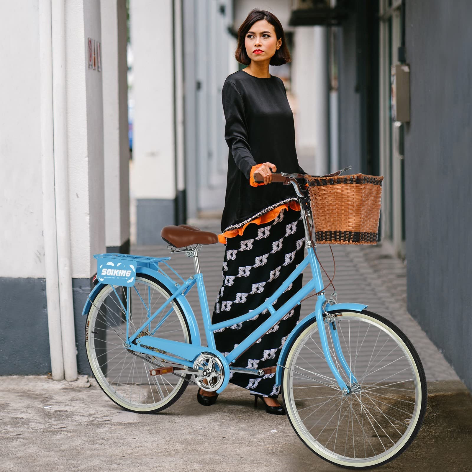 Sky Blue Women's Cruiser Beach Bike, Leisure Bikes, Urban Road Bicyle, Single-Speed, 26inch Wheels, with A Detachable Basket, Rear Frame
