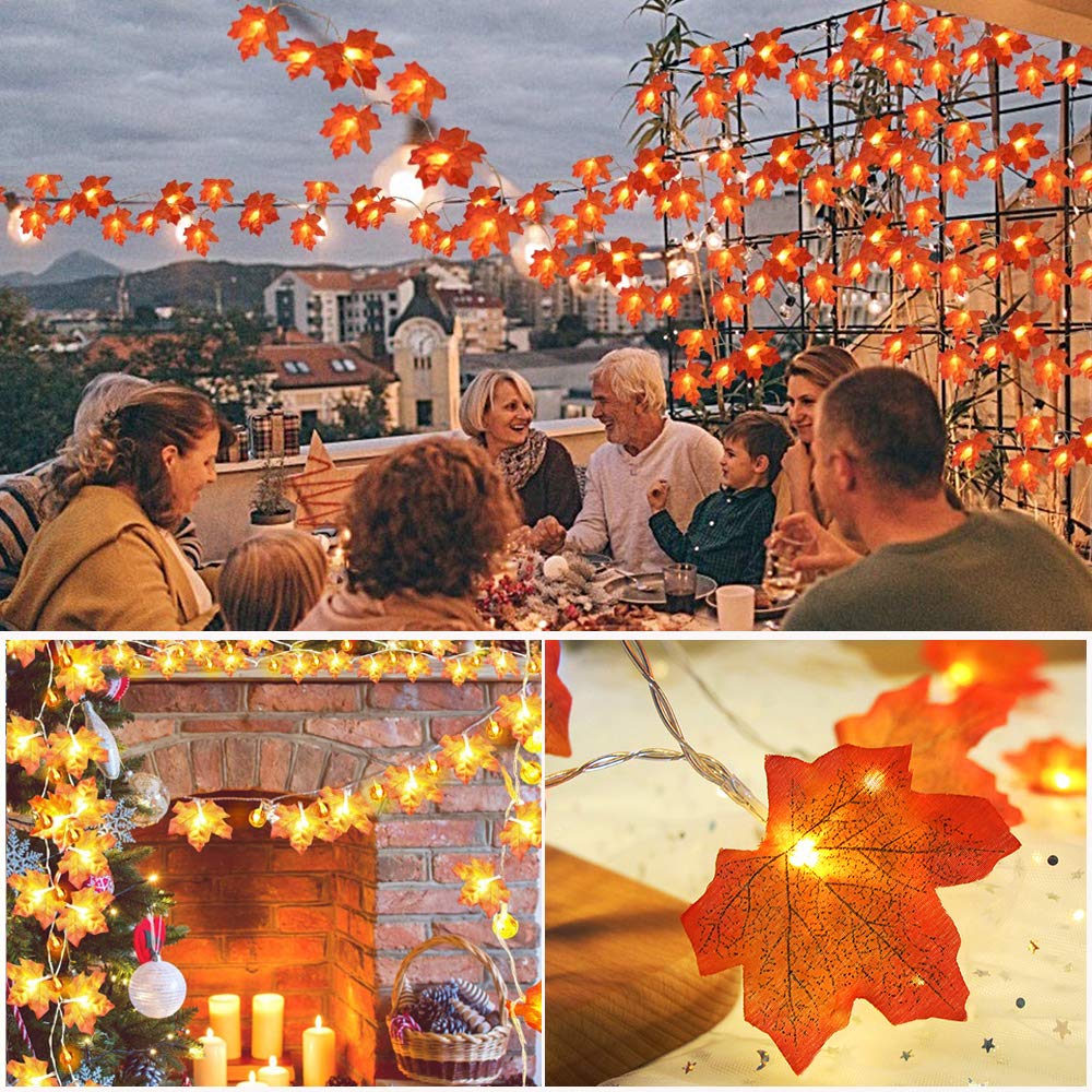 OVV 4 Pack Thanksgiving String Lights Maple Leaves Decorations Fall Leaf Garland Total 40 Ft 80 LED for Home Indoor Outdoor Garden Autumn Holiday Decor 3AA Battery Operated