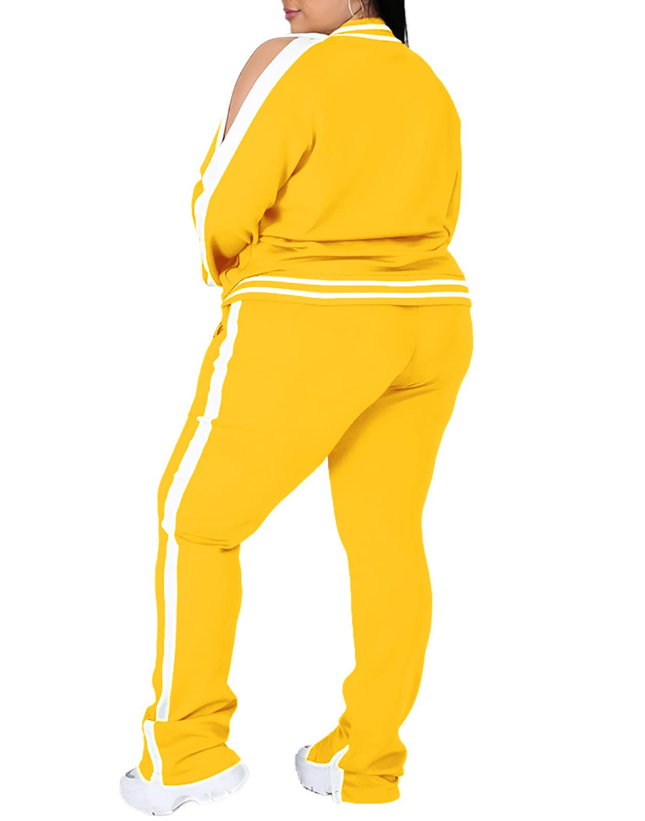 ThusFar Women Plus Size 2 Piece Outfits Jogging Suits - Stripe Long Sleeve Zipper Jacket + Skinny Sweatpants Tracksuits Set Yellow XXL