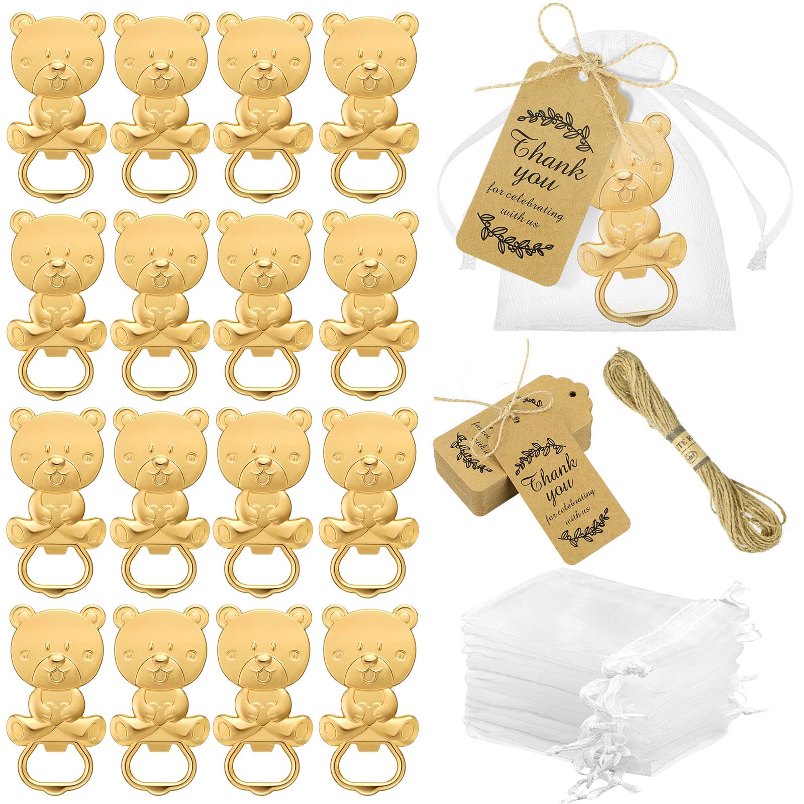 WILLBOND 50 Set Bear Bottle Opener Baby Shower Favors for Guest 50 Pcs Cute Bottle Opener Party Return Souvenir Gifts with 100 Pcs Thank You Tags 100 Pcs Organza Bags and 20 Meters Flax Rope(Gold)