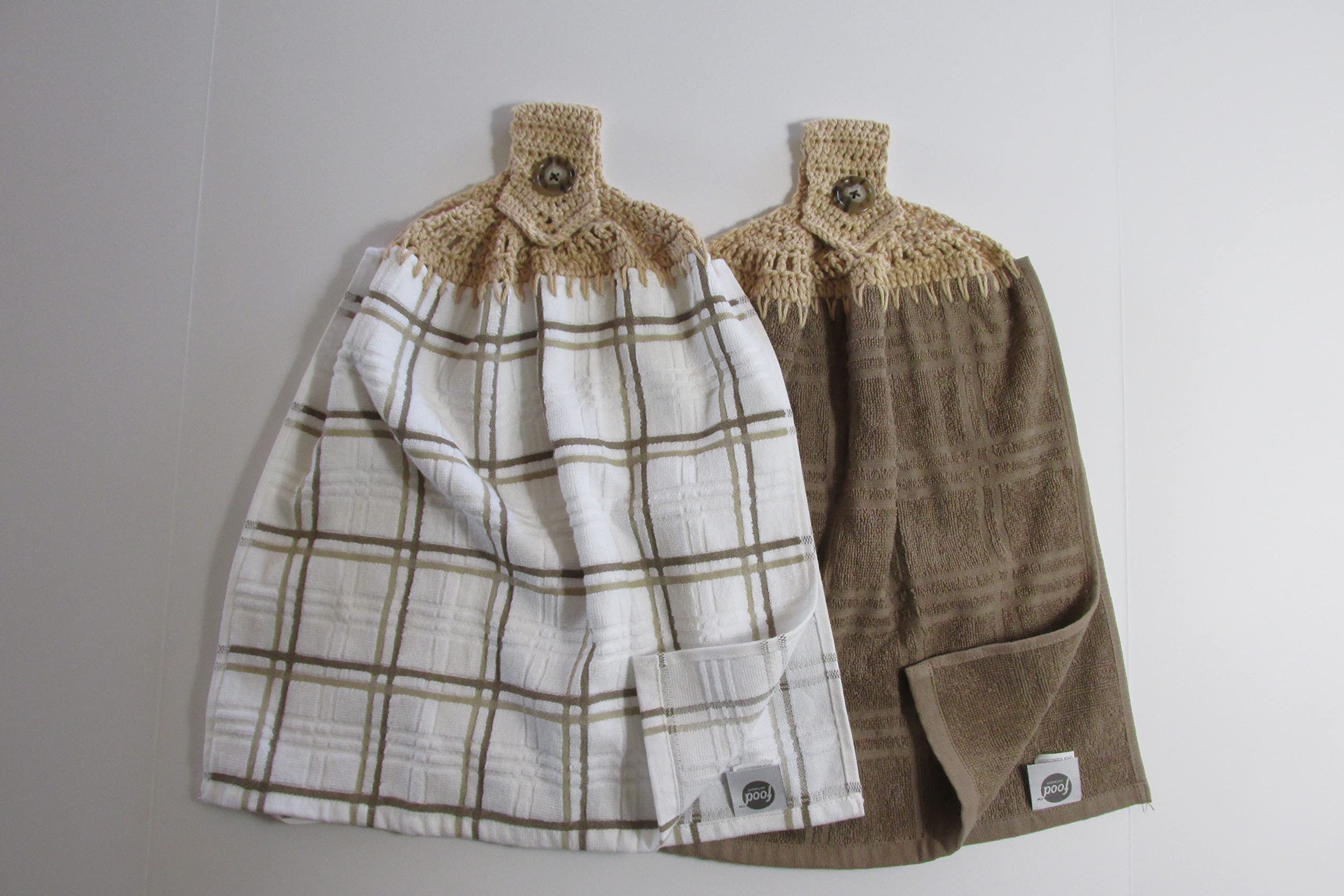 Set of 2 Tan Double Thickness Kitchen Towels - Hanging Towels - Light Brown & White Plaid Design with Cream Cotton Crochet Top - Moms Gift - Best Quality Towels