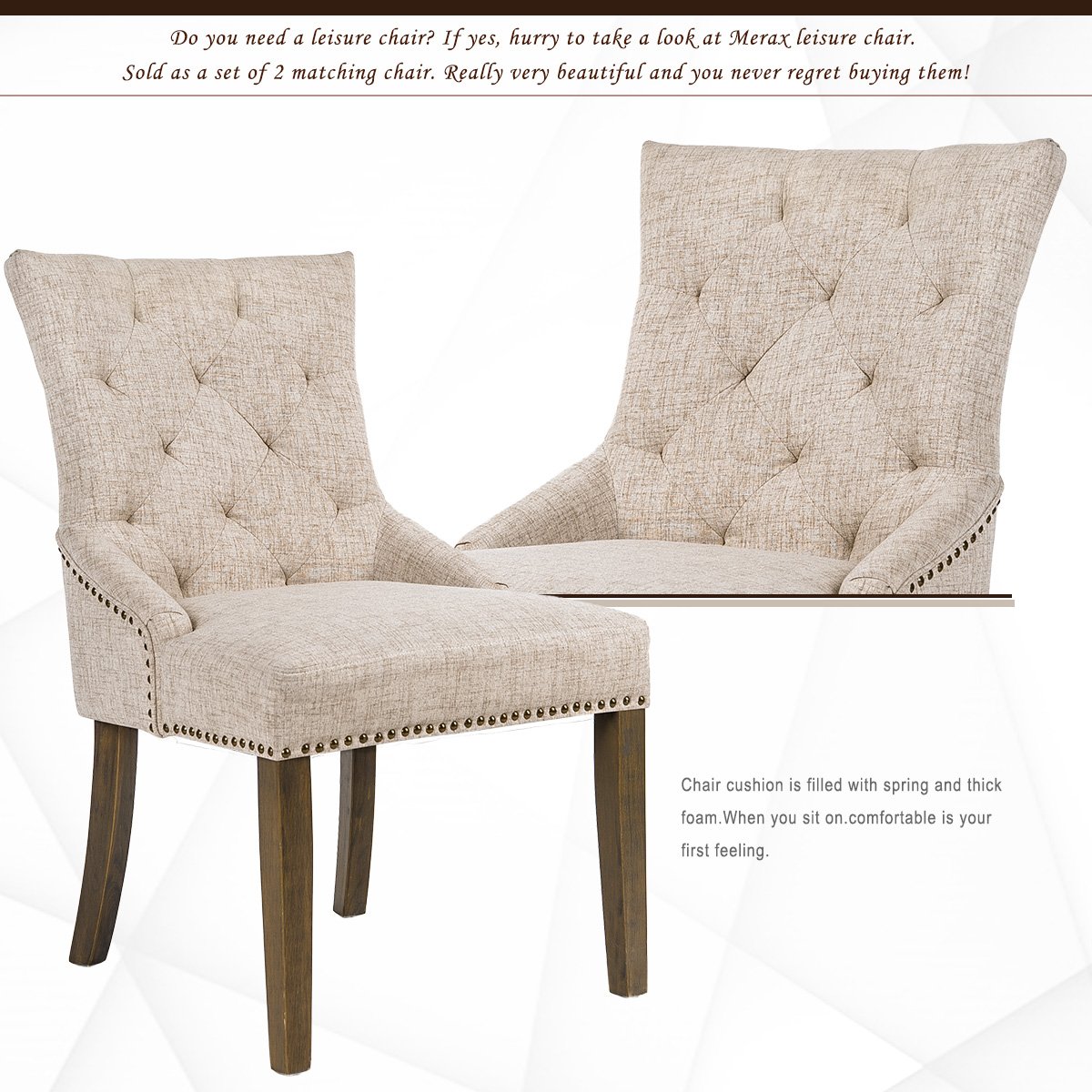 Merax Upholstered Dining Chairs Leisure Padded Chairs with Armrest and Nailed Trim, Beige (Set of 2)