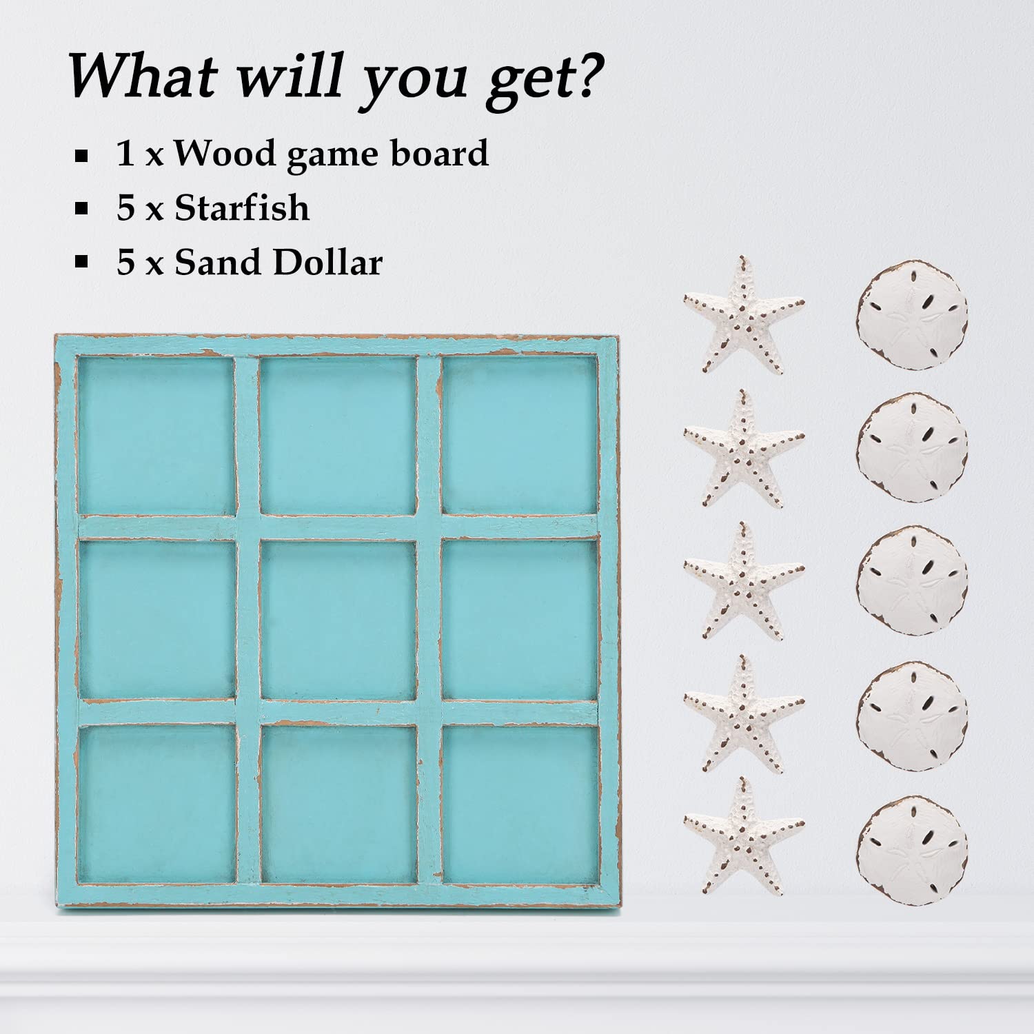 NIKKY HOME Beach Tic Tac Toe for Fun Starfish Sand Dollar Coastal House Coffee Table Decor Wood Board Travel Game, 8.98 x 8.98 x 1.18 inch, Teal