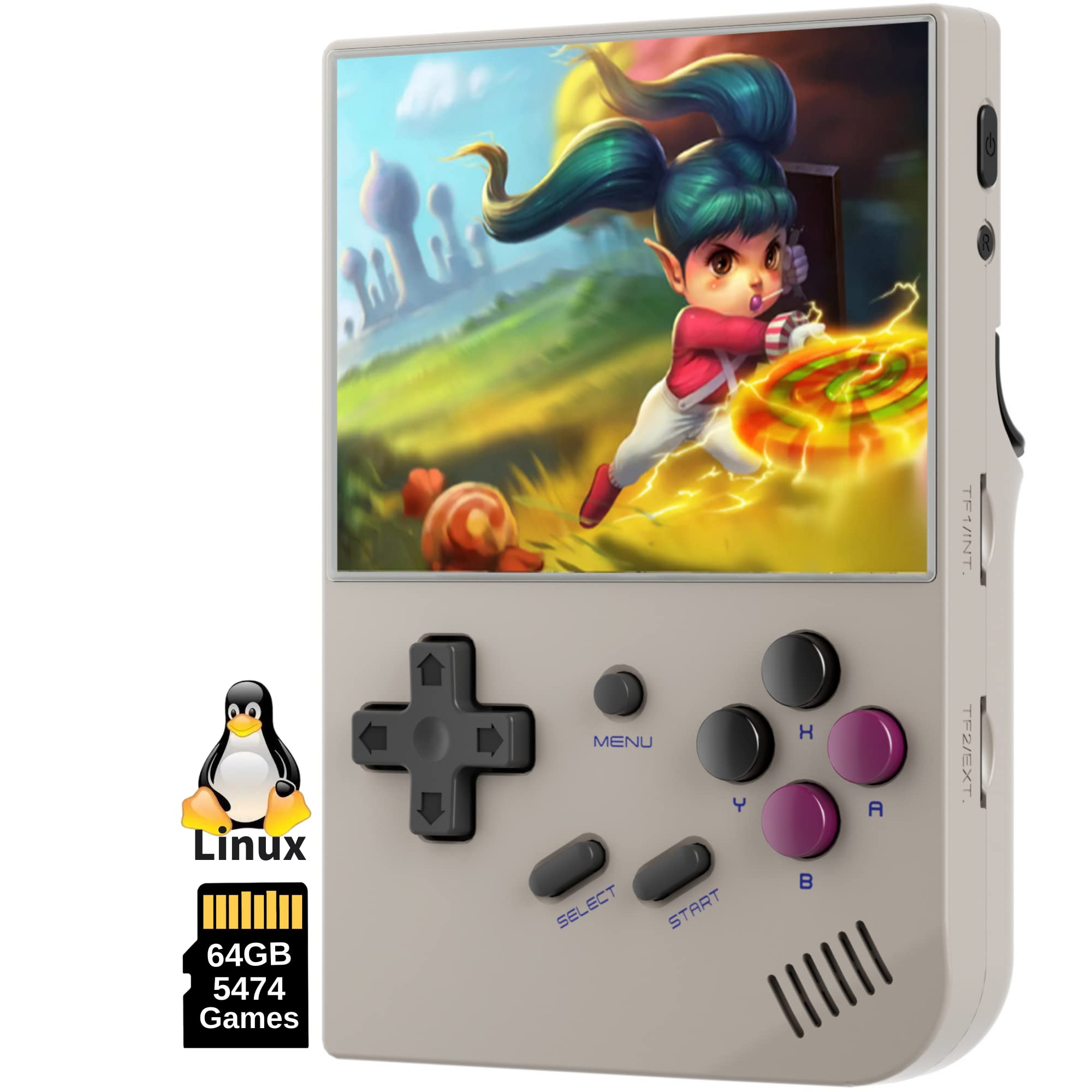 RG35XX Handheld Game Console Support Linux, HDMI and TV Output 3.5 Inch IPS Screen 64G TF Card 5474 Classic Games 2100mAh Battery ( (RG35XX-Grey)