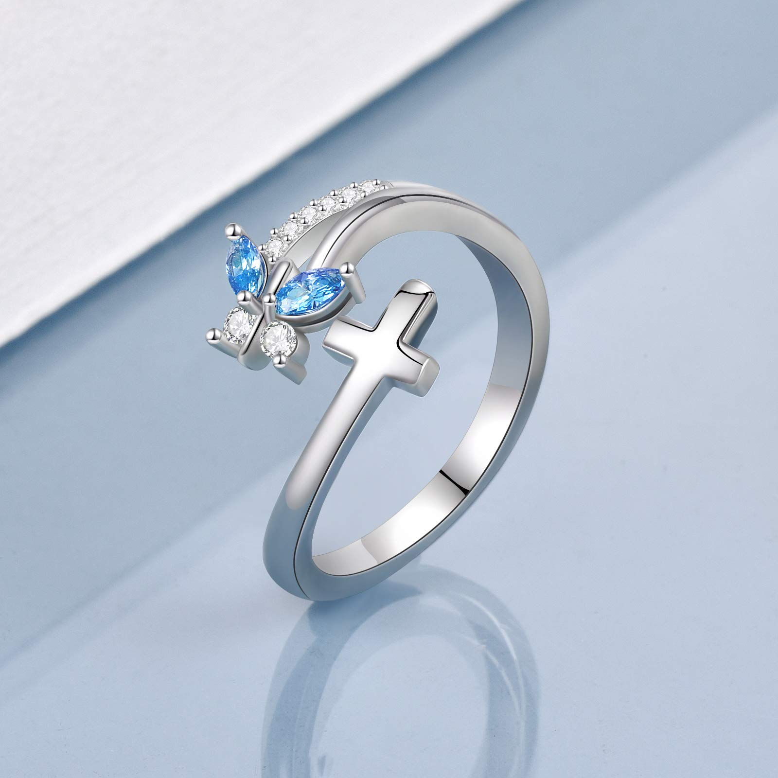 POPLYKE Butterfly Ring 925 Sterling Silver Butterfly Jewelry Gifts for Women (Cross Butterfly)