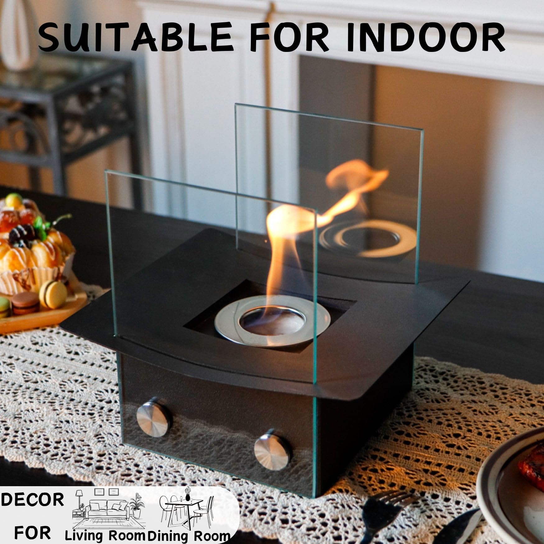 NEWIMAGE Tabletop Fire Pit, Fire Bowl 6Lx7Wx8 H Portable Tabletop Fireplace Clean Burning Bio Ethanol Ventless Fireplace for Indoor Outdoor Patio Parties Events