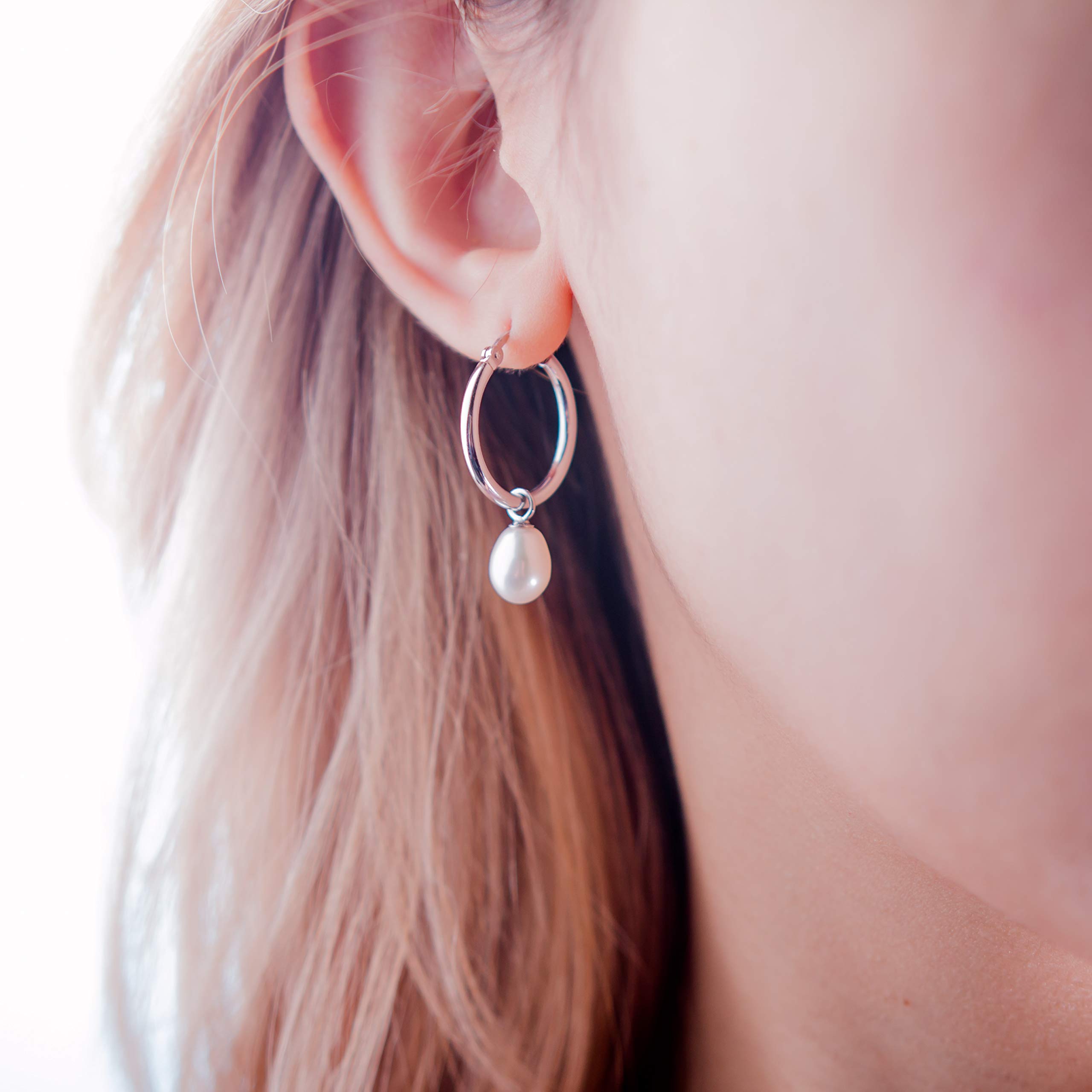 MOLAH 925 Silver Multi-use Hoop Sade Earrings 7-7.5mm Cultured Freshwater Drop White and Black Peacock Pearl 4-in-1 Rhodium Plated